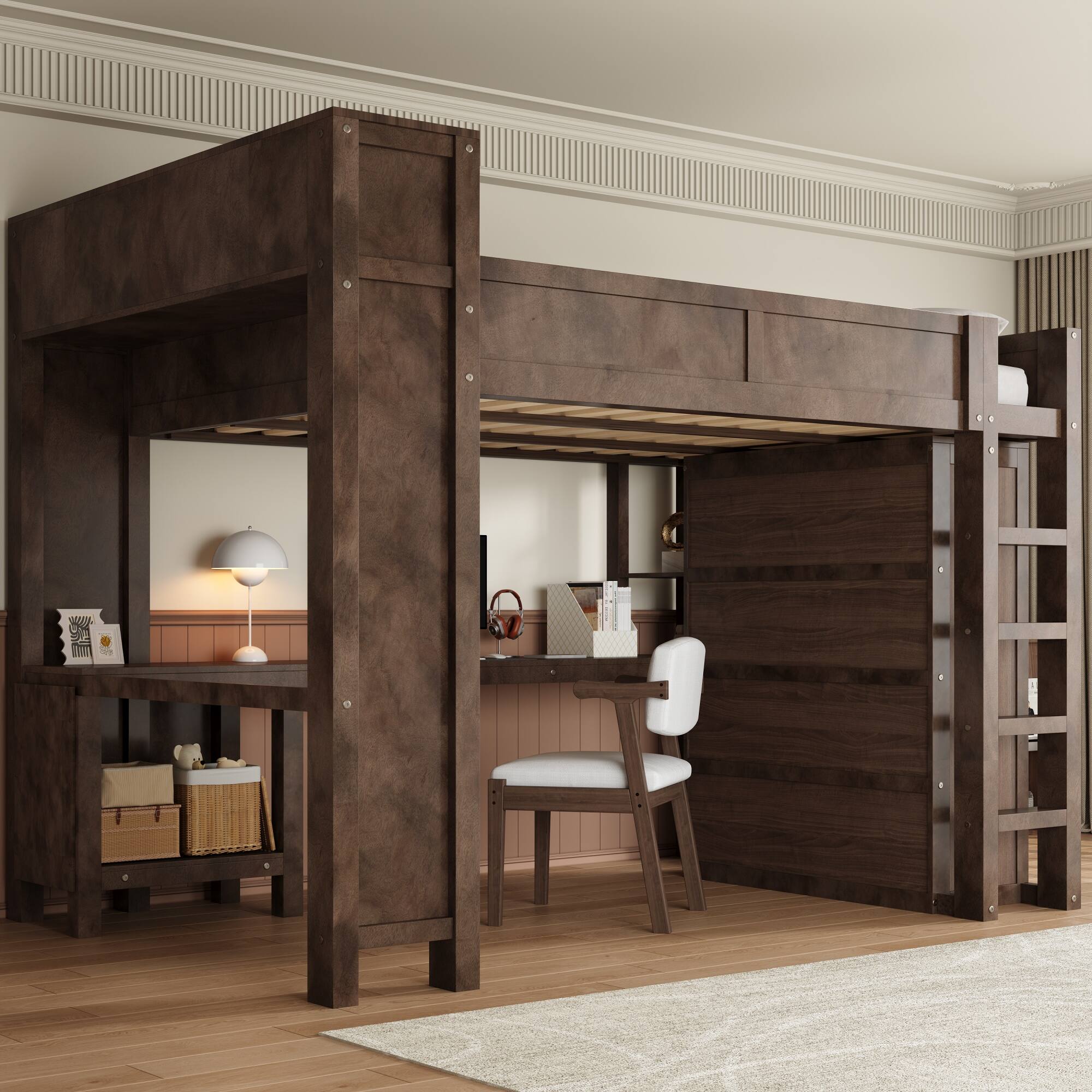 Whisen Queen Loft Bed with Wardrobe, Desk, and Headboard Storage ...