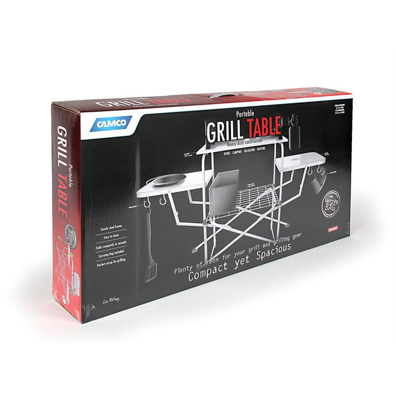 Camco Deluxe Folding Outdoor Steel Grill Table with Side Tables, Hooks ...