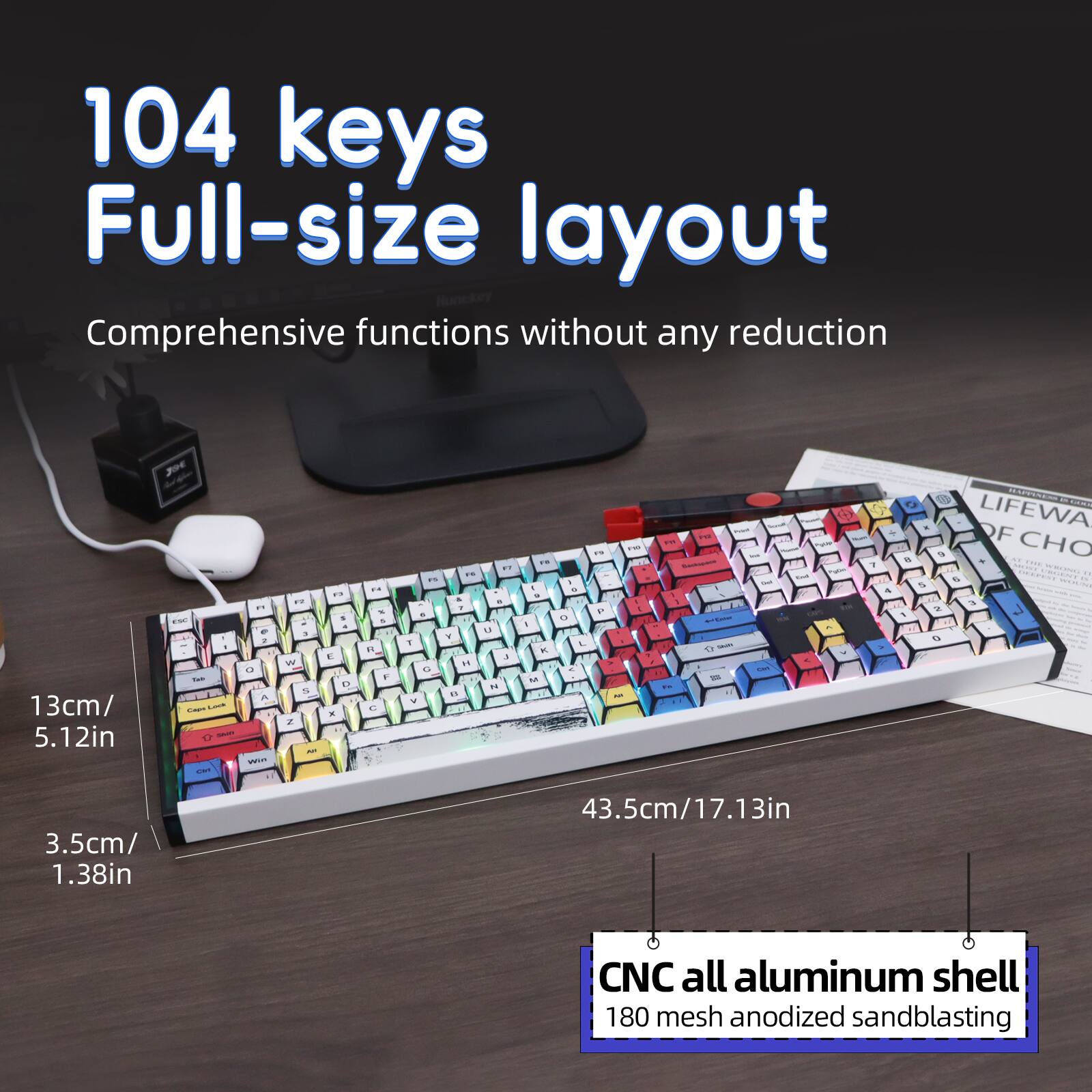 Loheer Comic 104 Key Mechanical Keyboard, Full Size Wired USB C, 17 ...