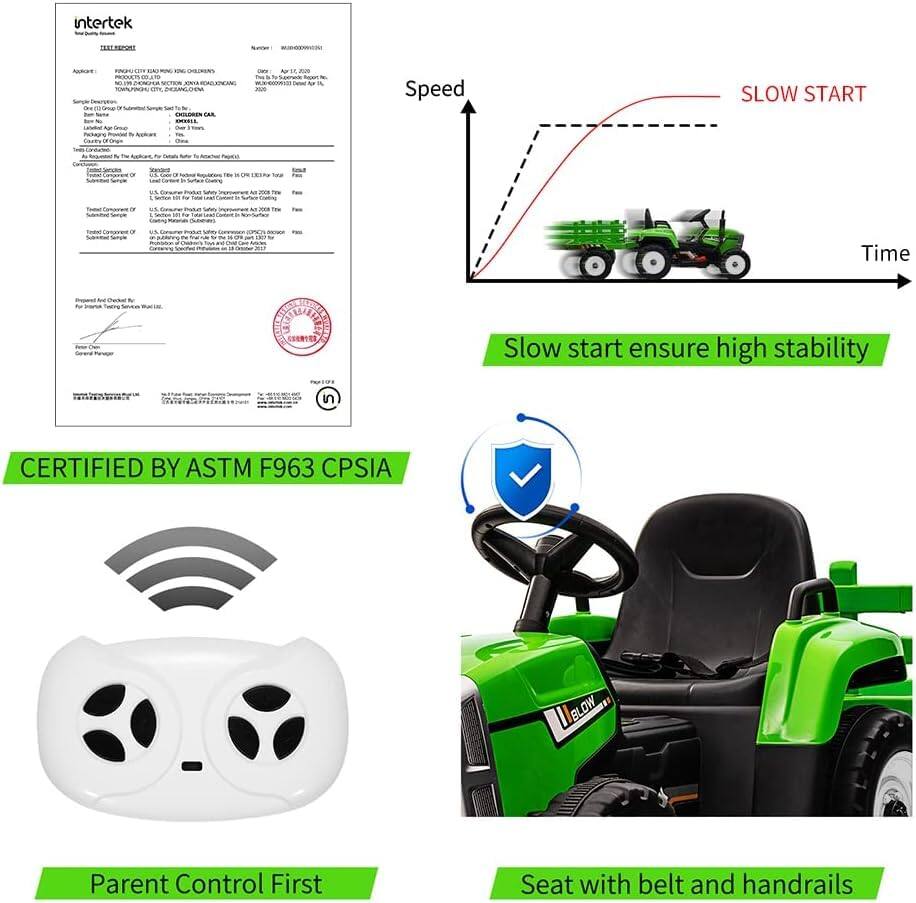 Acekool 12V 35W Ride on Tractor with Trailer & Remote Control,Speed Up ...