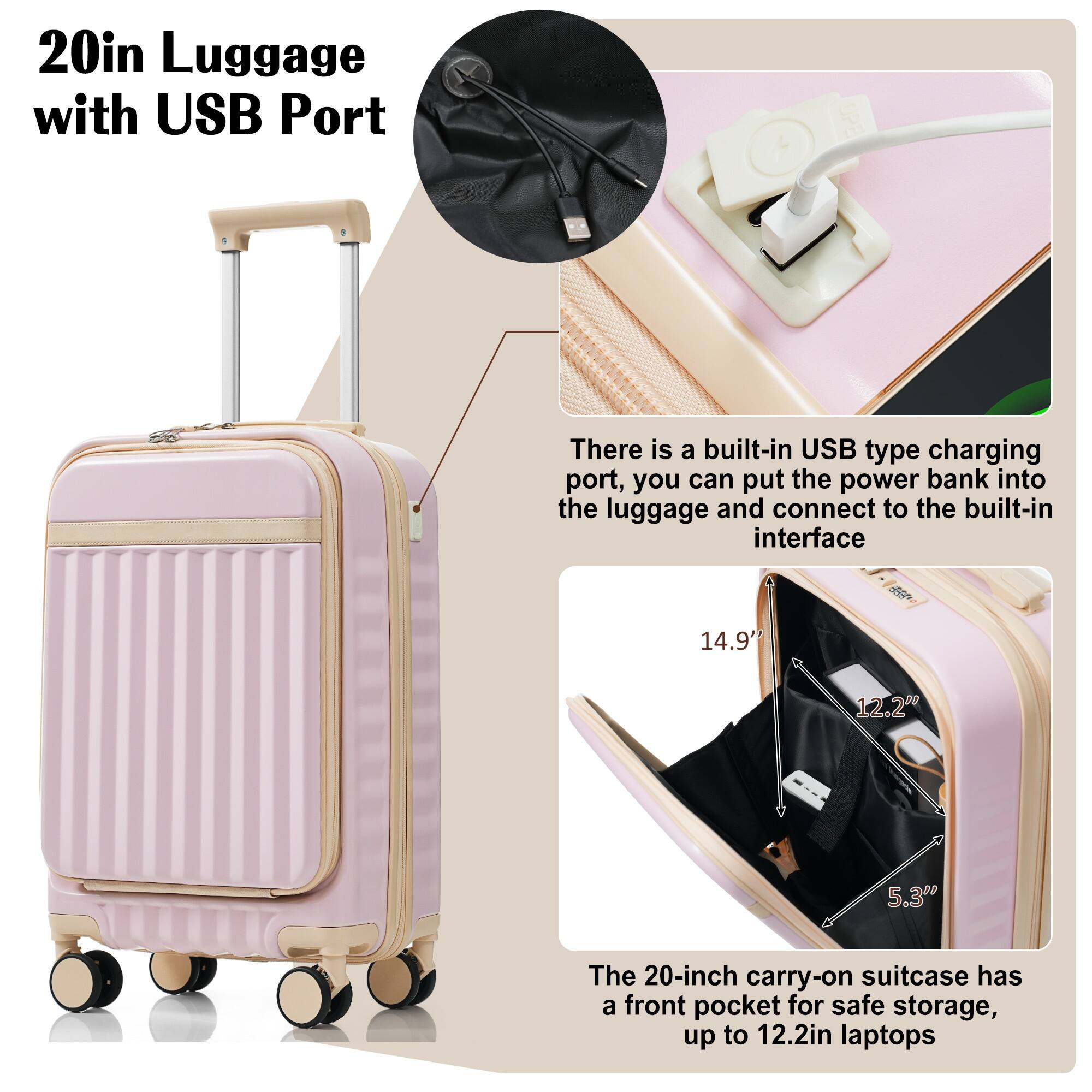 TinyHomie Luggage Set of 3 20inch with USB Port front opening design ...