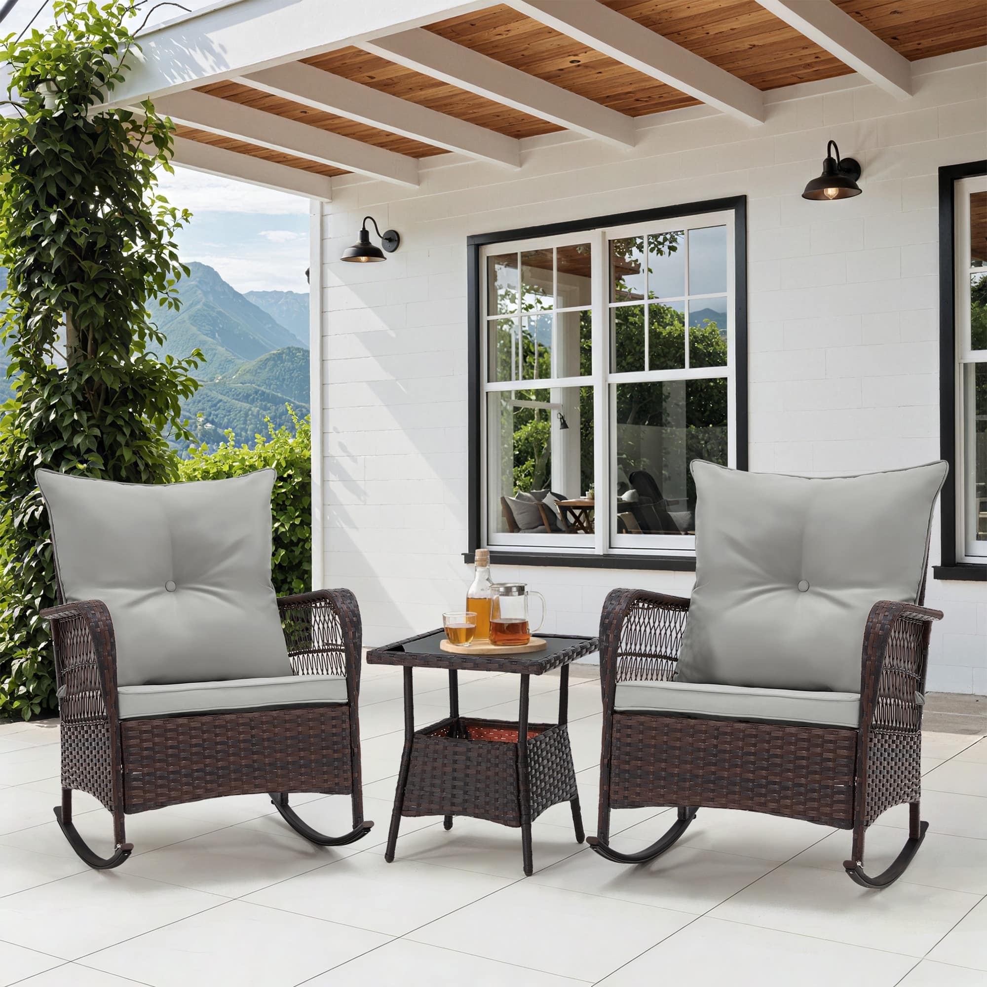 Patio U-HOMY - 3-Piece PE Rattan Rocking Chair Set with Cushions ...