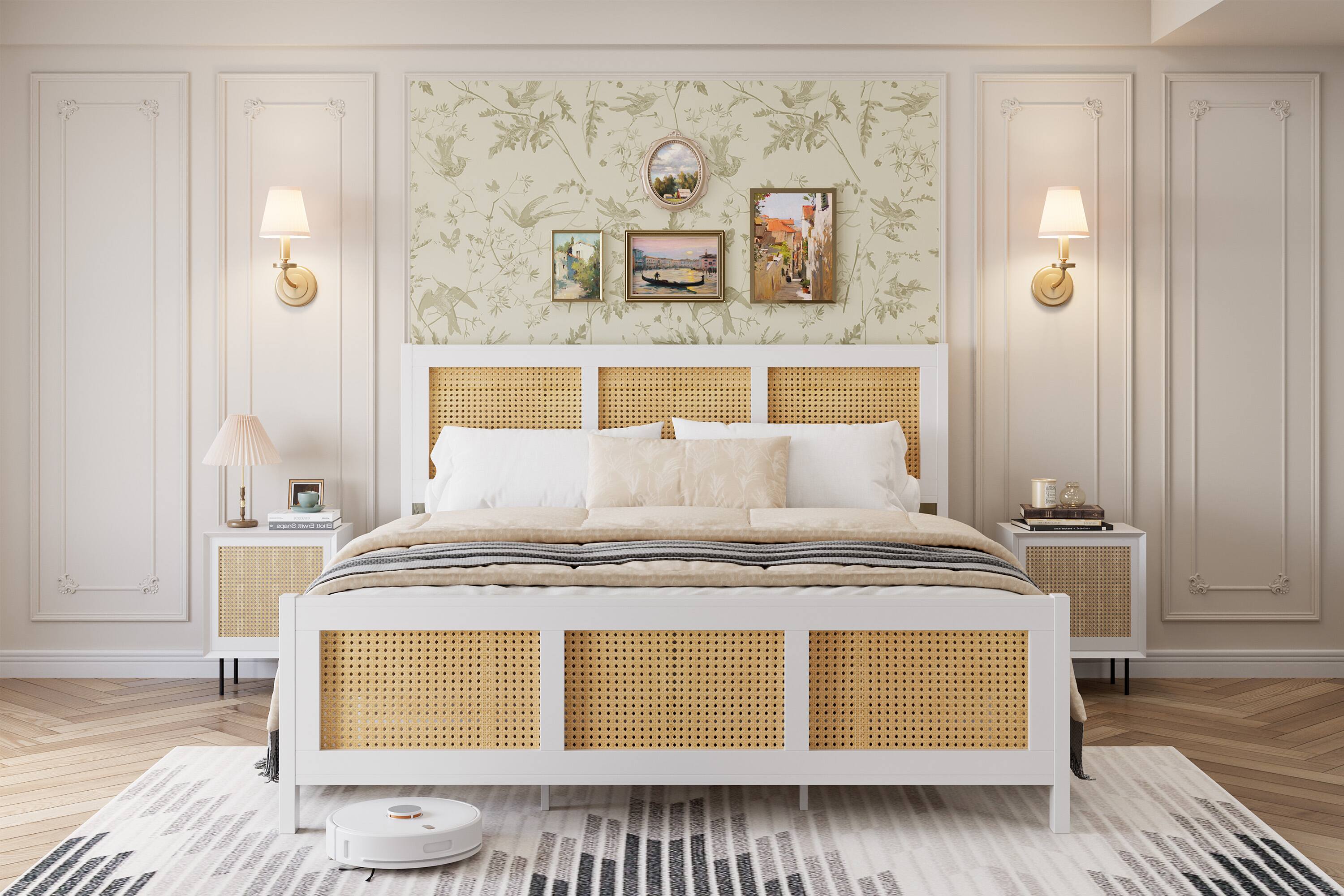 Jojoka Queen Size Bed Frame with Headboard, Bohemian Rattan, Metal ...