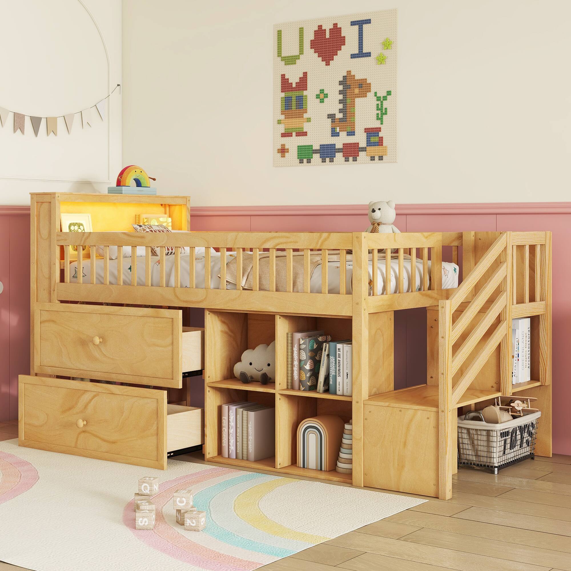 APRILSOUL Twin Size Loft Bed with LED and Bookshelf Wood Low Loft Bed ...