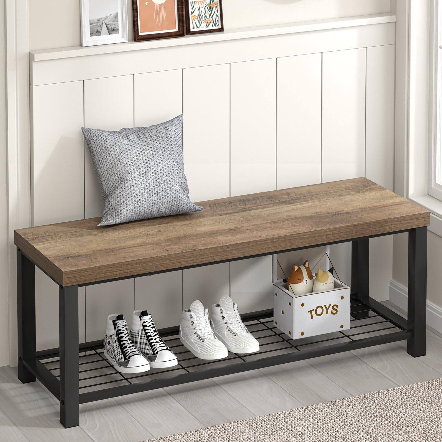 Fabibe Modern Wood Bench Oak Entryway Bench, Industrial Metal Storage ...