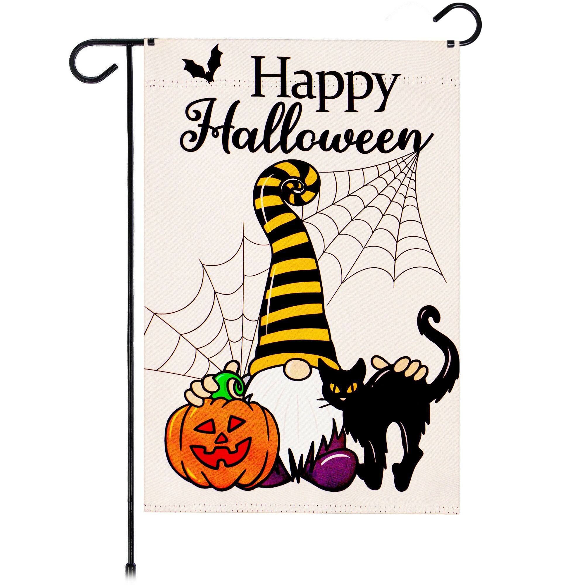 G128 Garden Flag Happy Halloween Gnome with Pumpkin and Black Cat 12 x ...