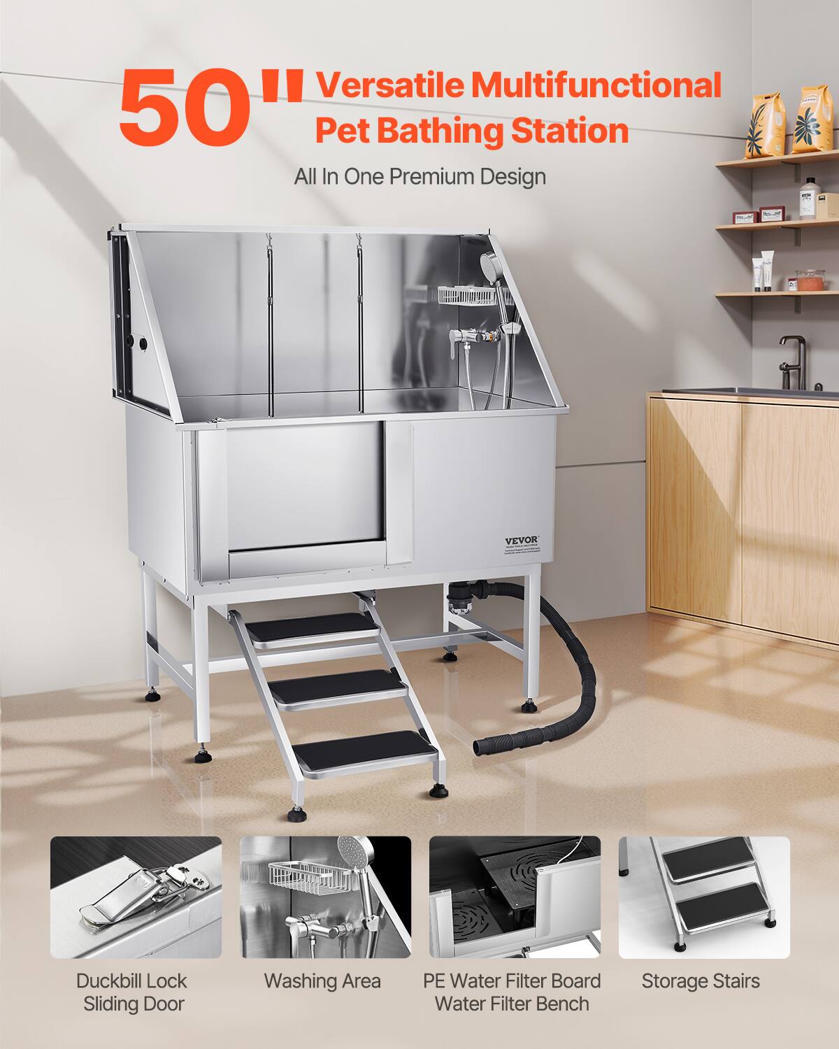 VEVOR Stainless Steel Dog Washing Station, 50 inch Pet Grooming Tub w ...