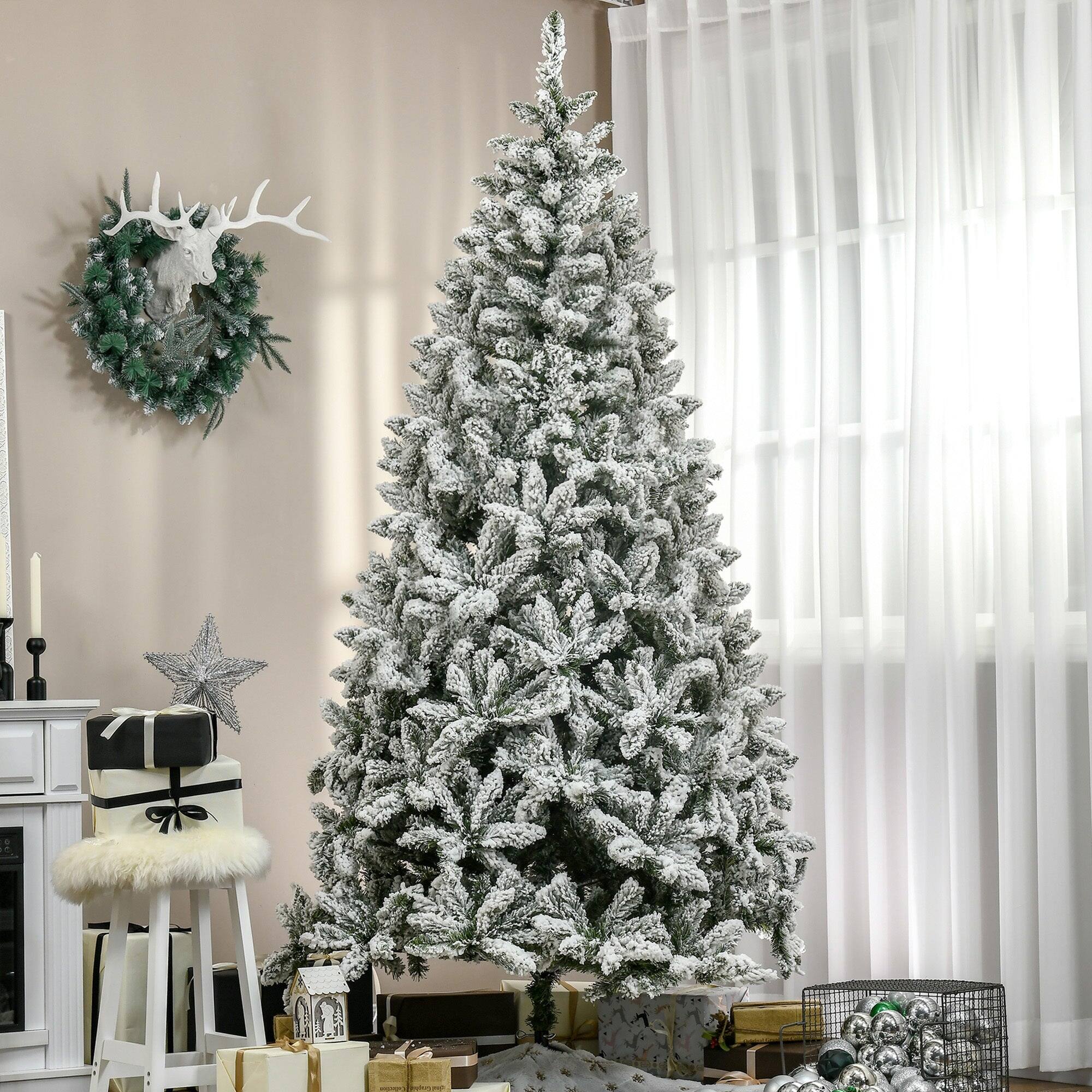 BreeBe 7.5 ft Tall Unlit Snow Flocked Pine Artificial Christmas Tree ...