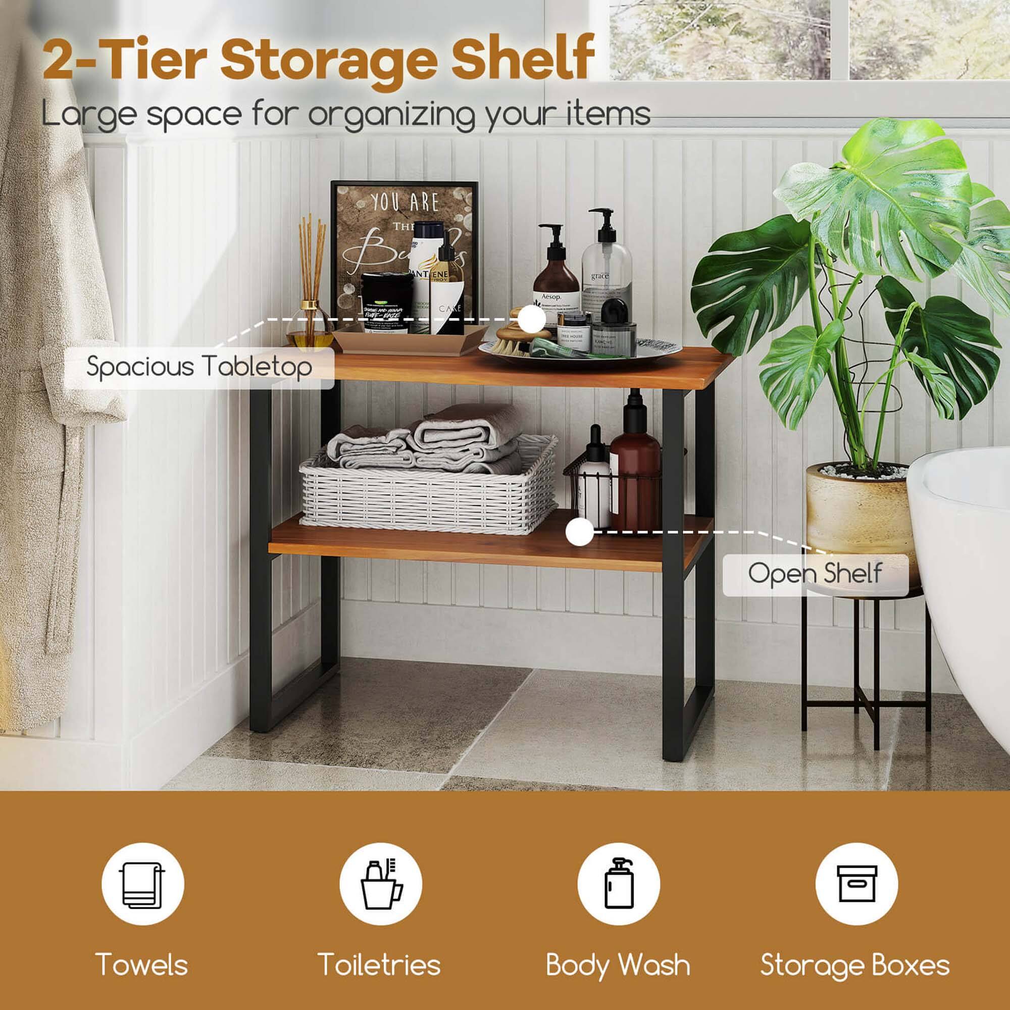 Costway 2 Tier Teak Bathroom Storage Shelf Freestanding Wooden ...