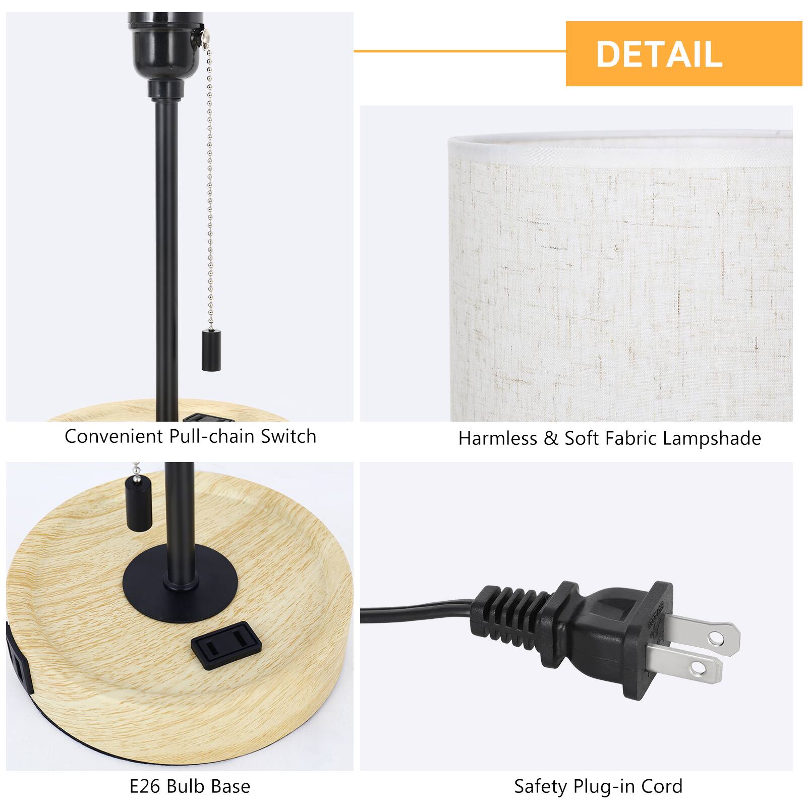 Oumilen Pull Chain Bedside Table Lamp with Wood Base & Dual USB Ports ...