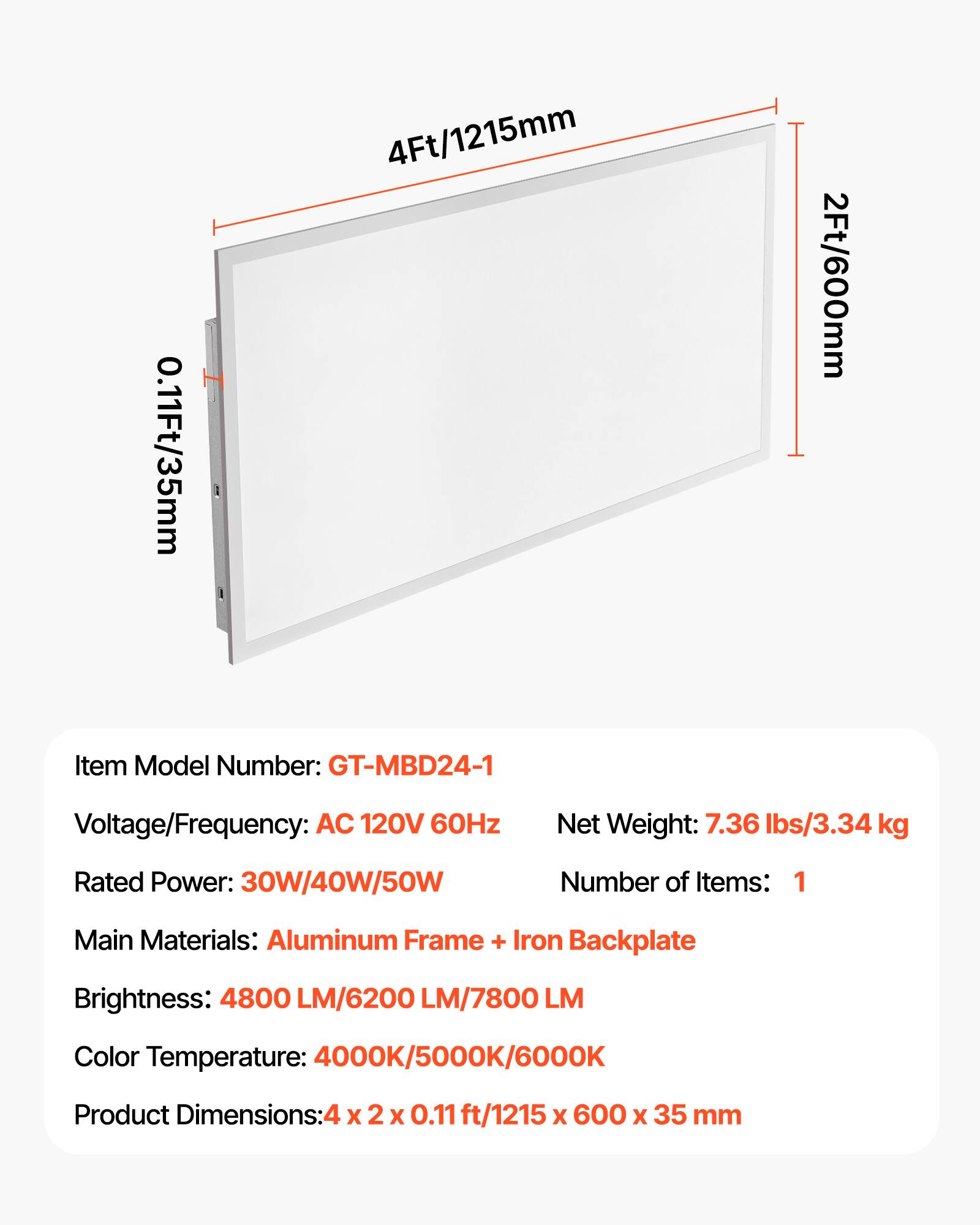 VEVOR 2x4FTLED Flat Panel Light,7800 LM,Flush Mount LED Drop Ceiling Lighting Fixture with ...