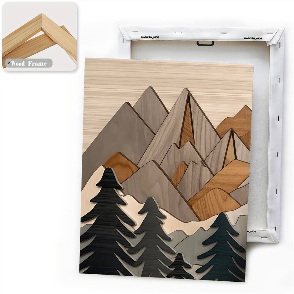 blue 3pcs Wood Frame Wooden mountain murals, rural wood effect art ...