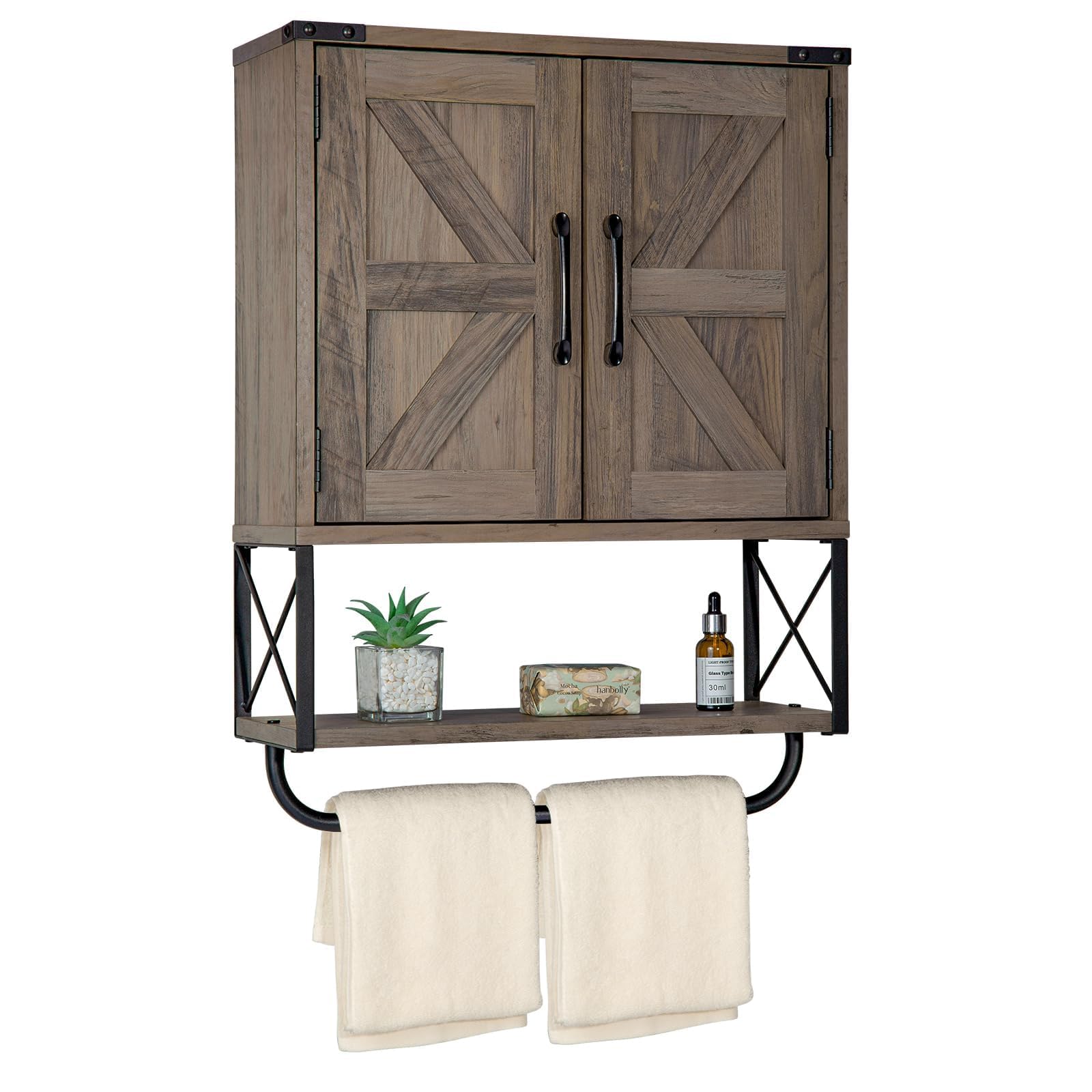Hirose Alice Cabinet With 2 Barn Door ed Storage Shelf And Towel Bar 3 tier For (dark Medium ...