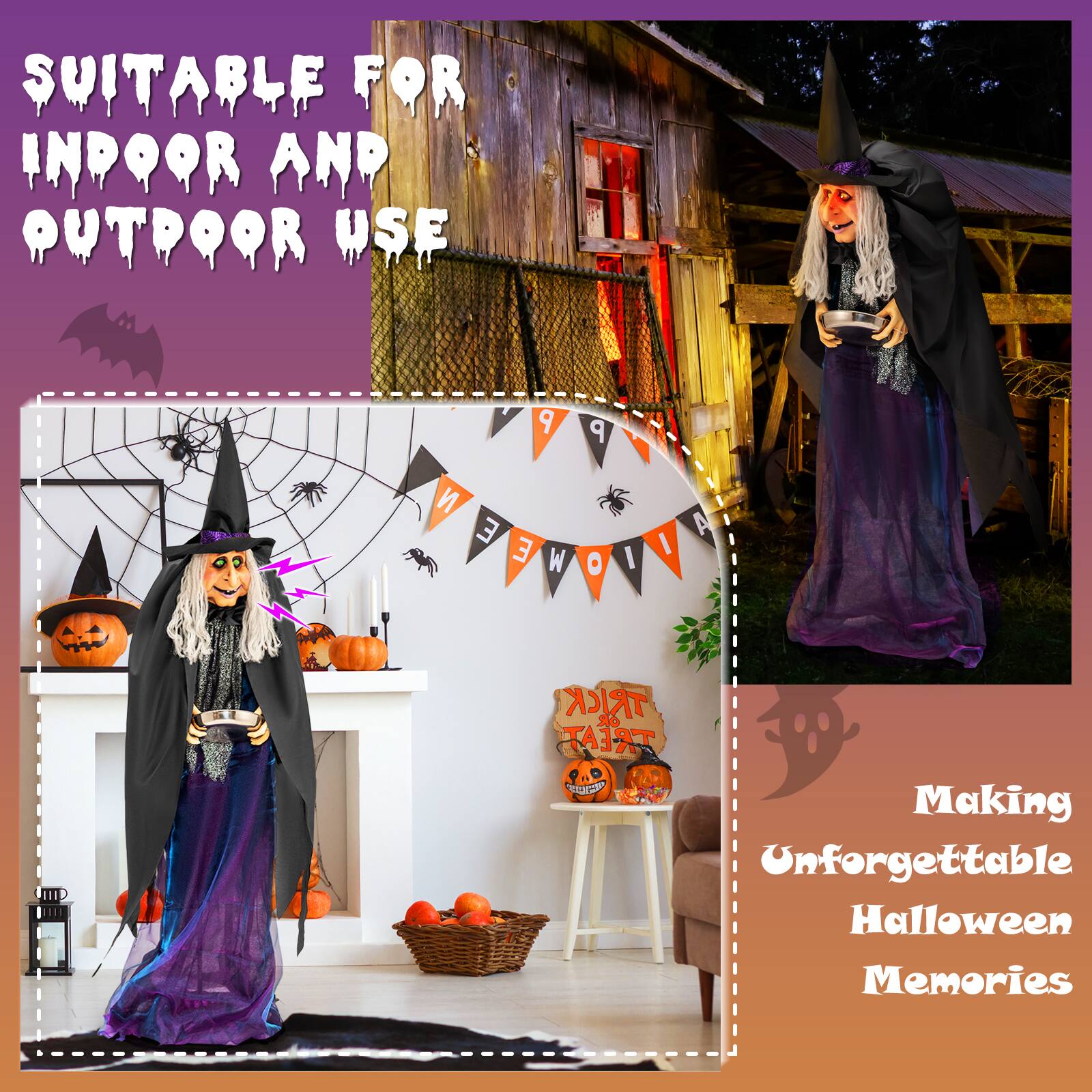 Costway 6Ft Lighted and Animated Halloween Witch Outdoor Indoor ...