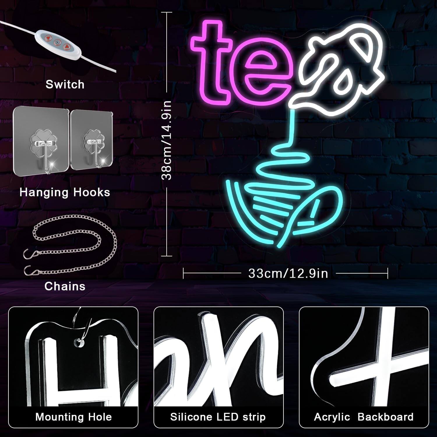 Auledio Tea Neon Sign Blue Teapot Neon Light Dimmable Tea Pouring Neon ...