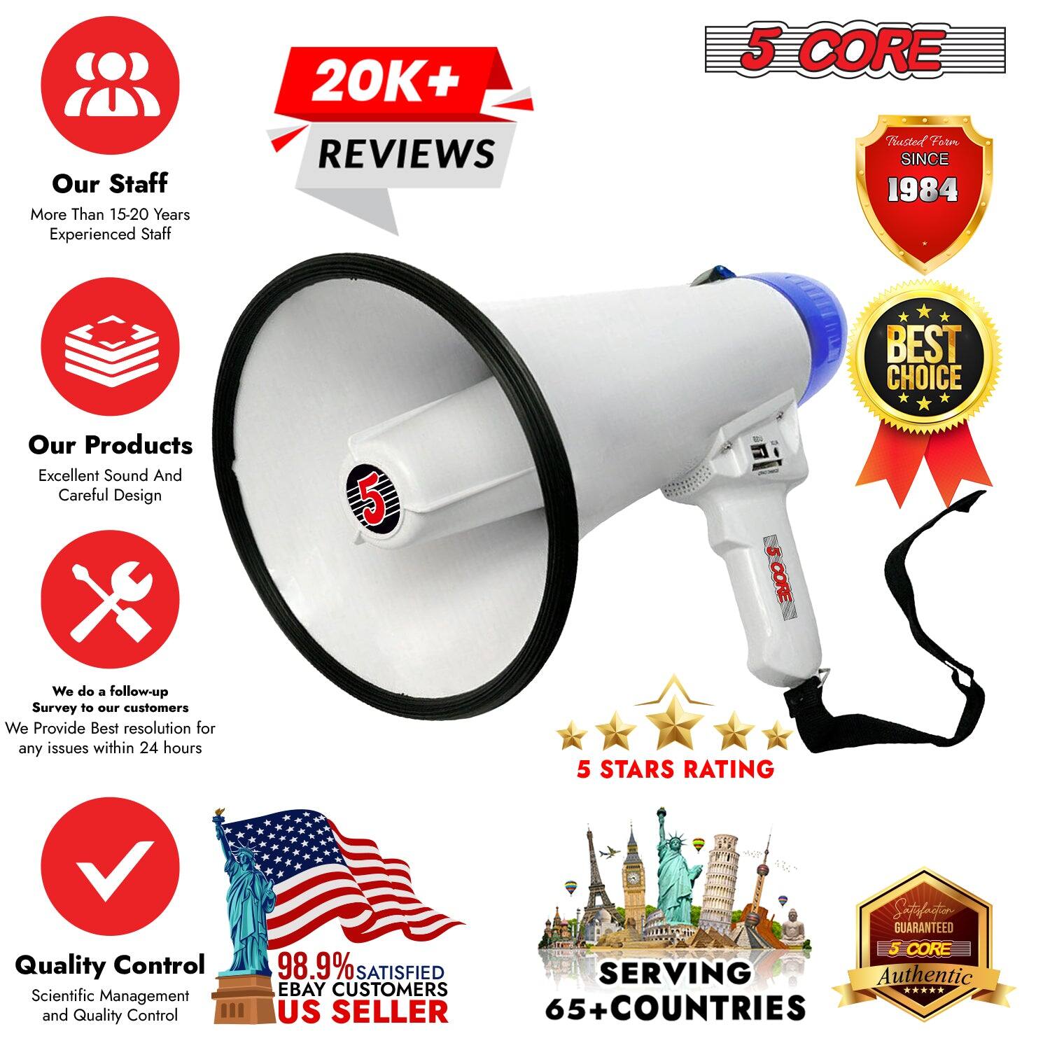 5 CORE Megaphone 20W Bull Horn PA Speaker w 300 Yards Range Loud Siren ...