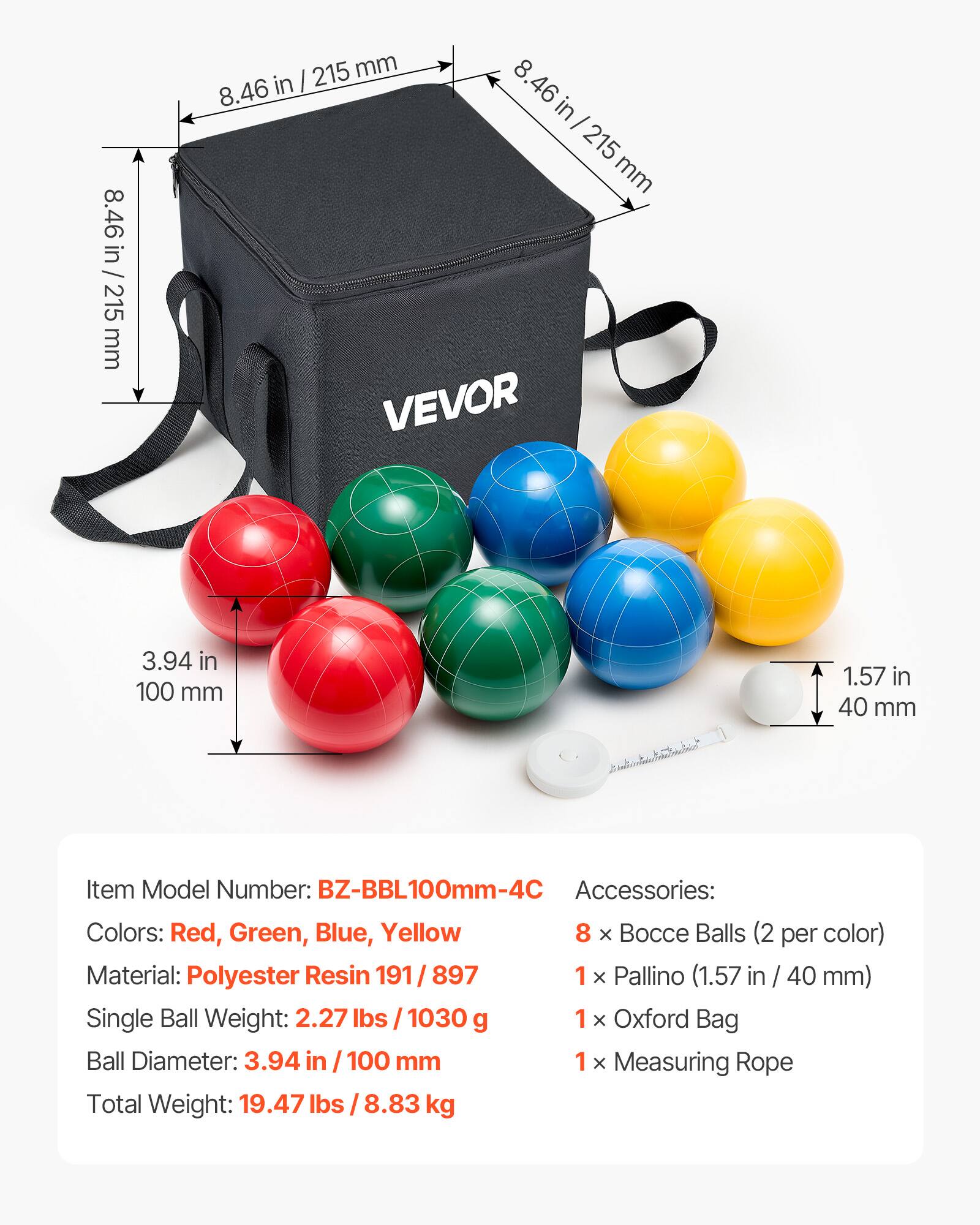 VEVOR Bocce Ball Set, 100 mm, with 8 Resin Balls, Pallino, Carrying Bag ...