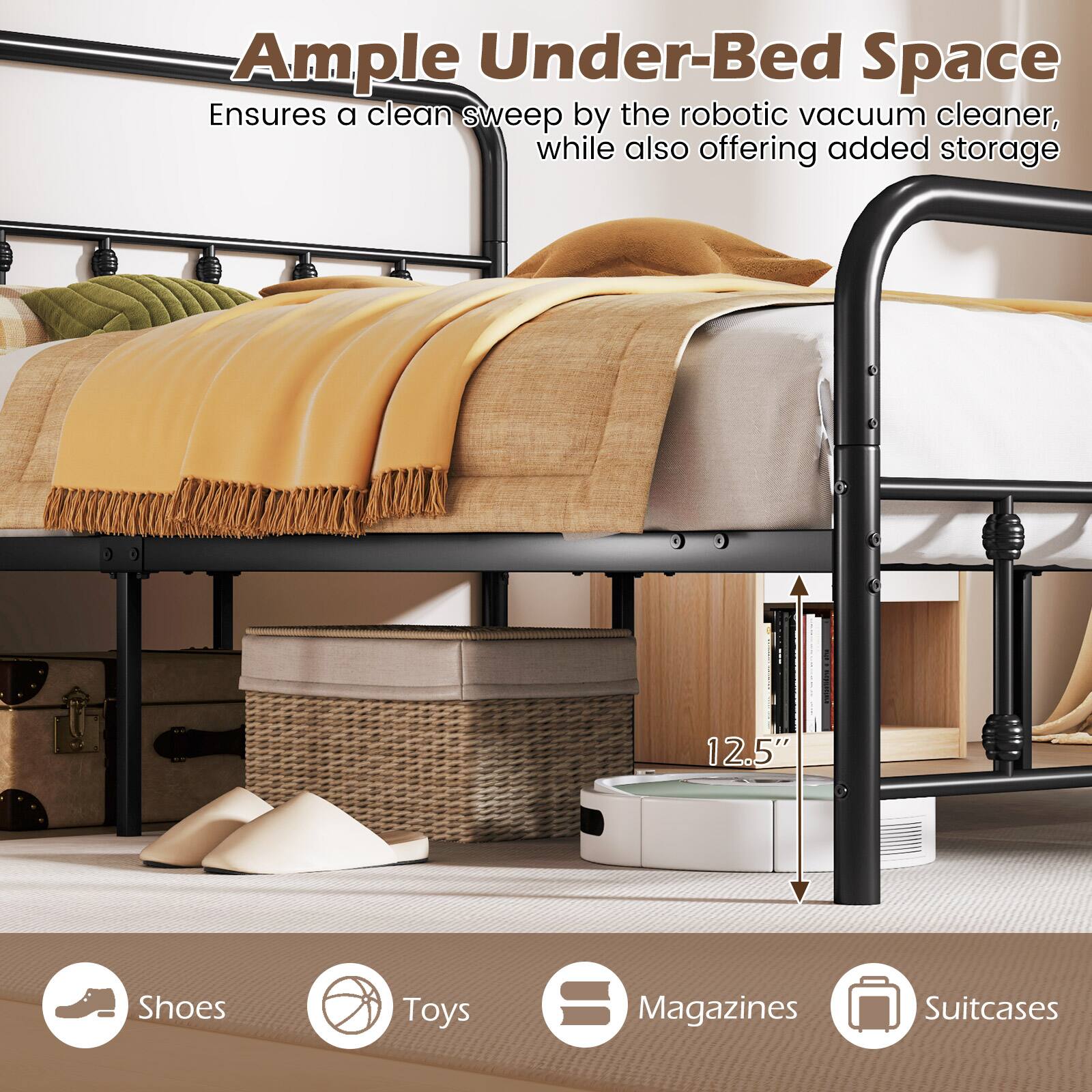 LUCKY ONE Queen Assembled Metal Bed Frame with Victorian Headboard ...