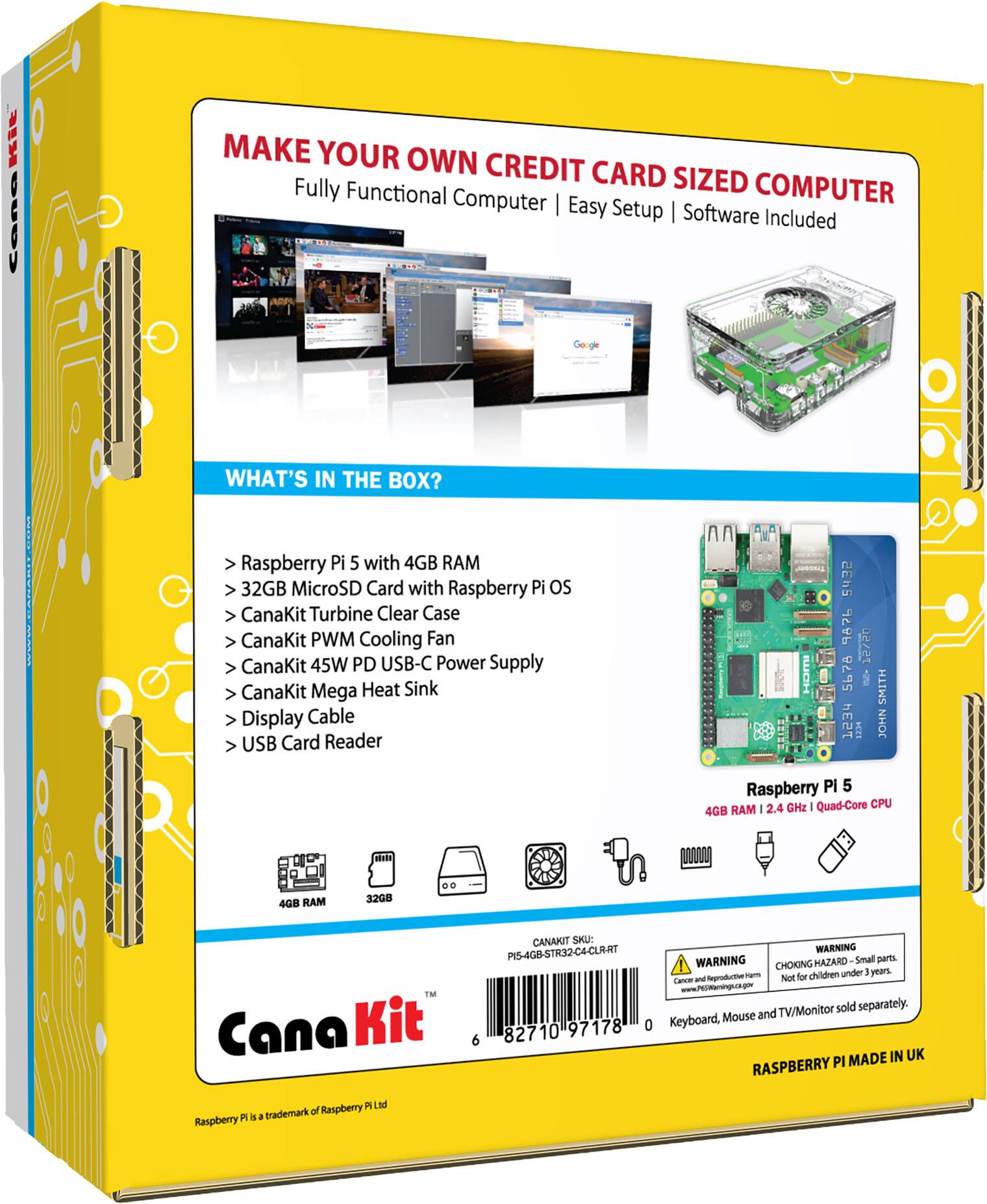 CanaKit Raspberry Pi 5 Essentials Kit Turbine (4GB) Clear PI5-4GB-STR32 ...