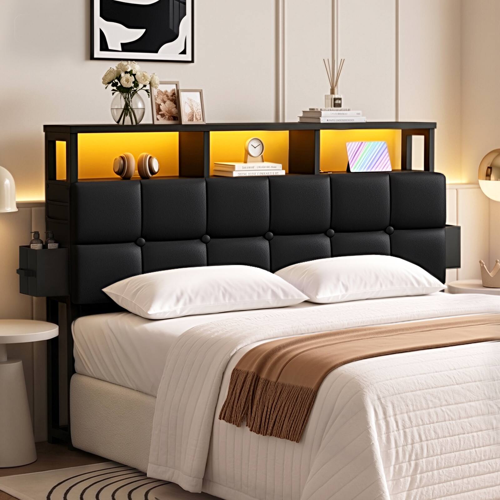 Pinmoco Upholstered Headboard with Storage, Charging Station & LED ...