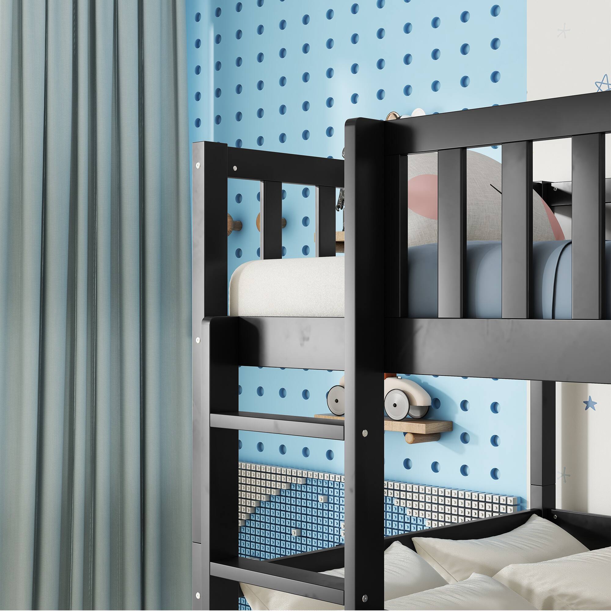 TinyHomie Twin Size Triple Rubber Wood Bunk Bed Ladders Guardrails ...