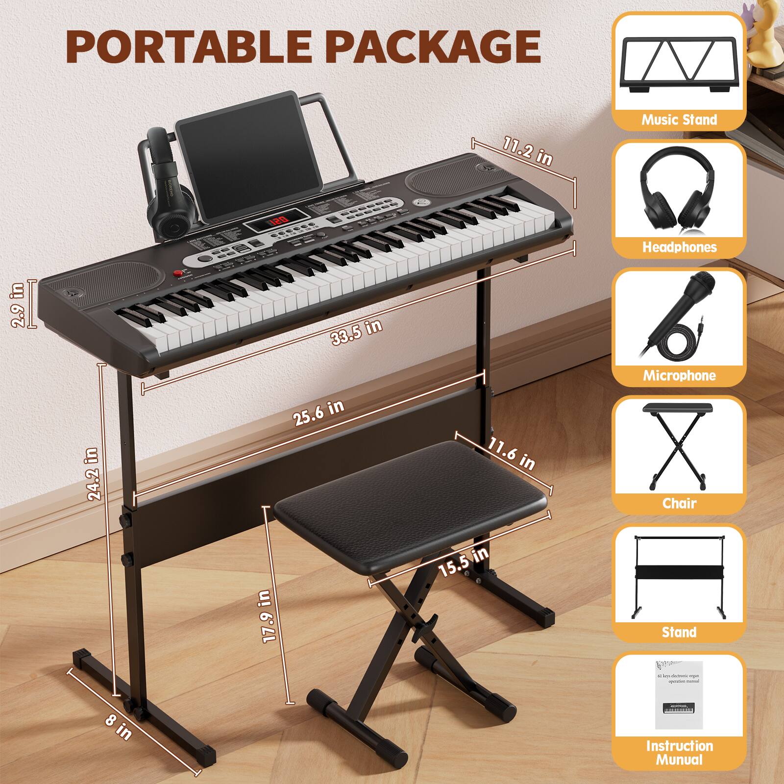 Sugift 61 Key Electric Keyboard Piano Set with Adjustable Stand & Stool ...