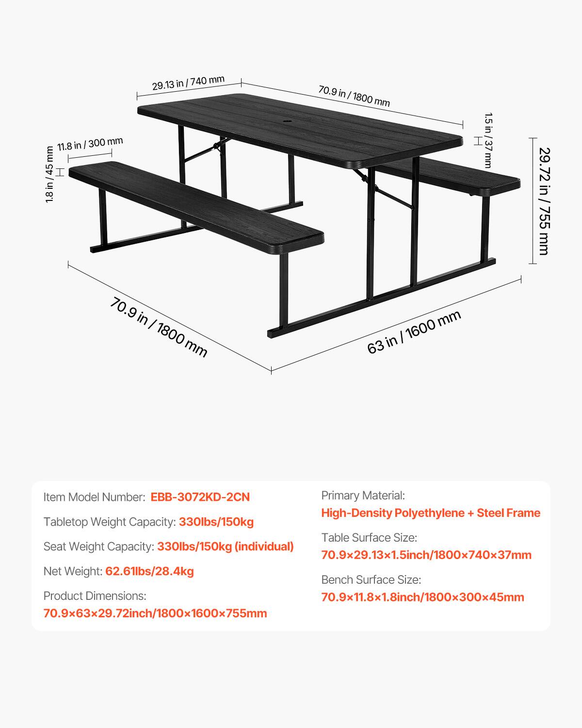 VEVOR Foldable Picnic Table, 6 FT Folding Picnic Tables with Benches ...