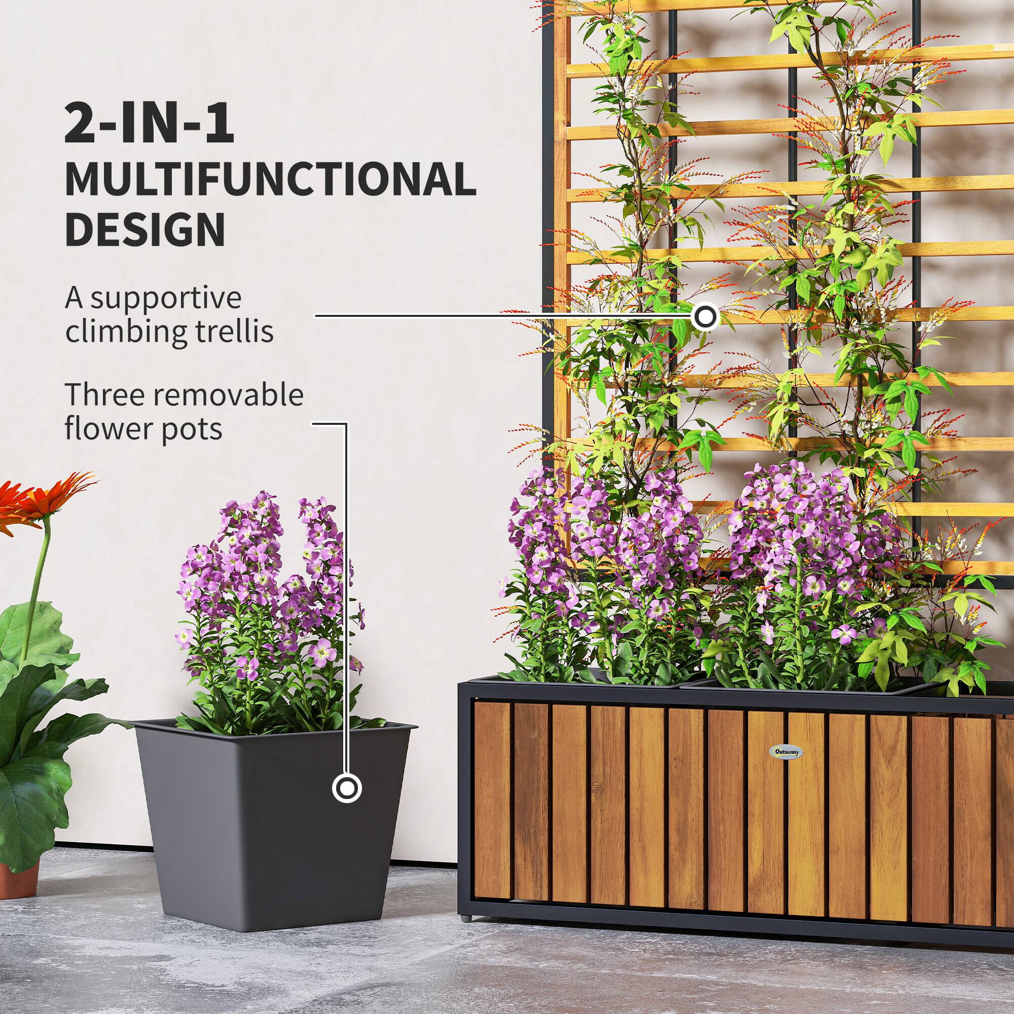 Outsunny Wooden Raised Garden Bed with Trellis, Removable Pots, Drainage Holes for Climbing ...