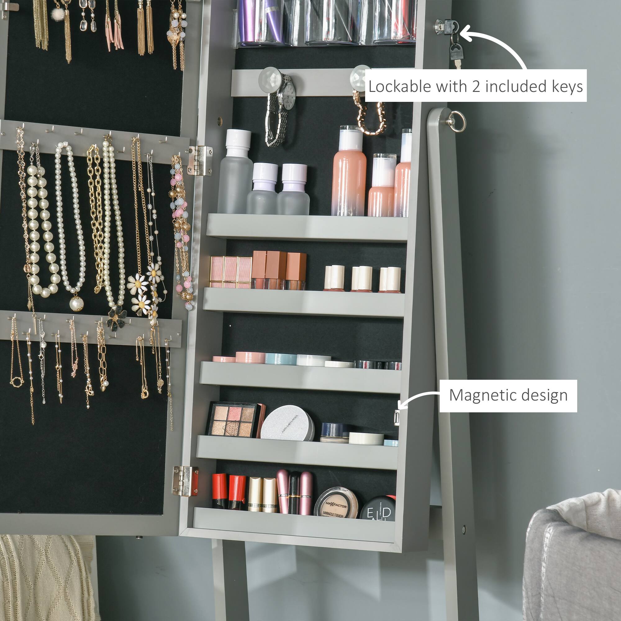 Ecooso Standing Jewelry Cabinet with LED Light, Lockable Organizer ...