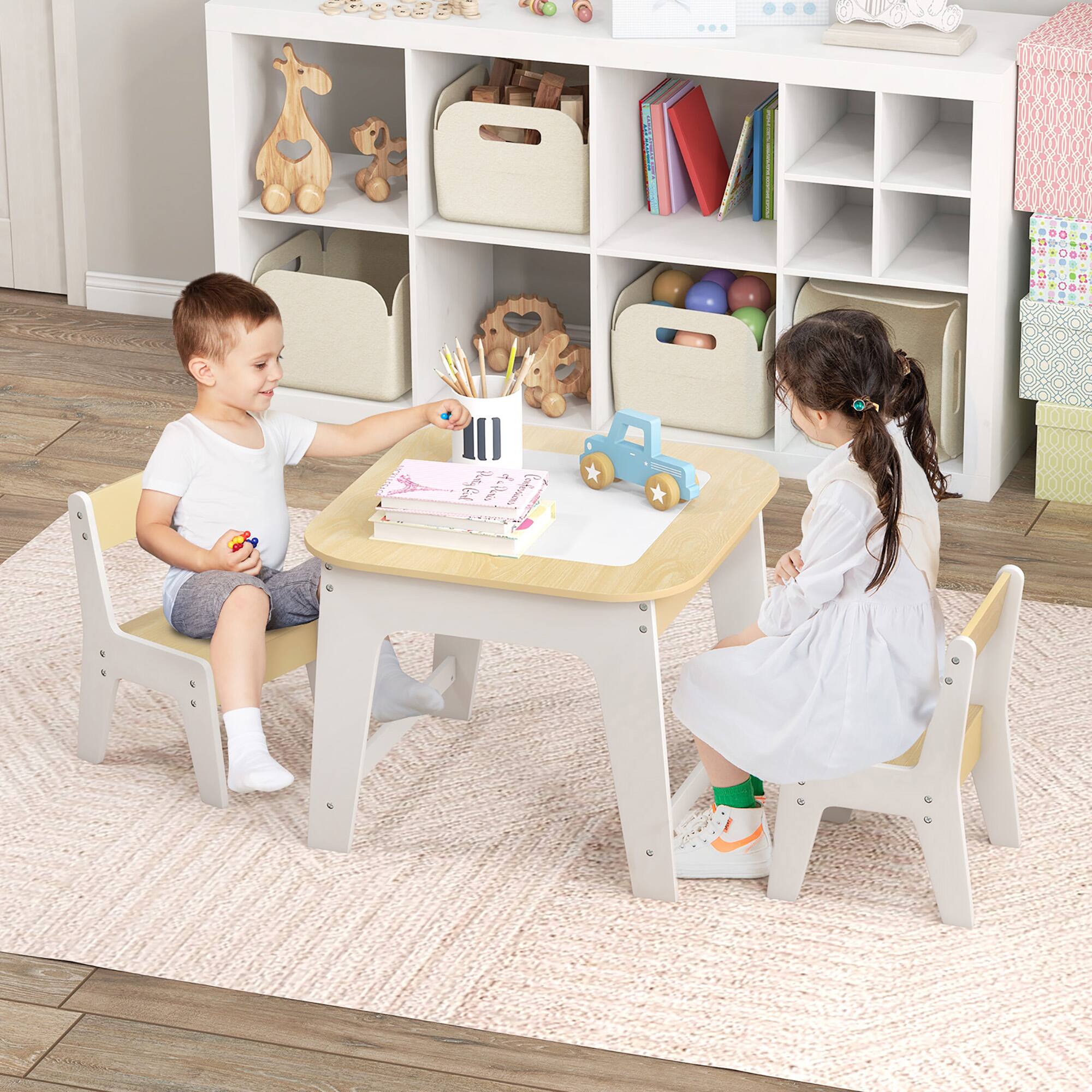 Gymax 3 in 1 Kids Wooden Table & 2 Chairs Set w/ Storage Detachable ...