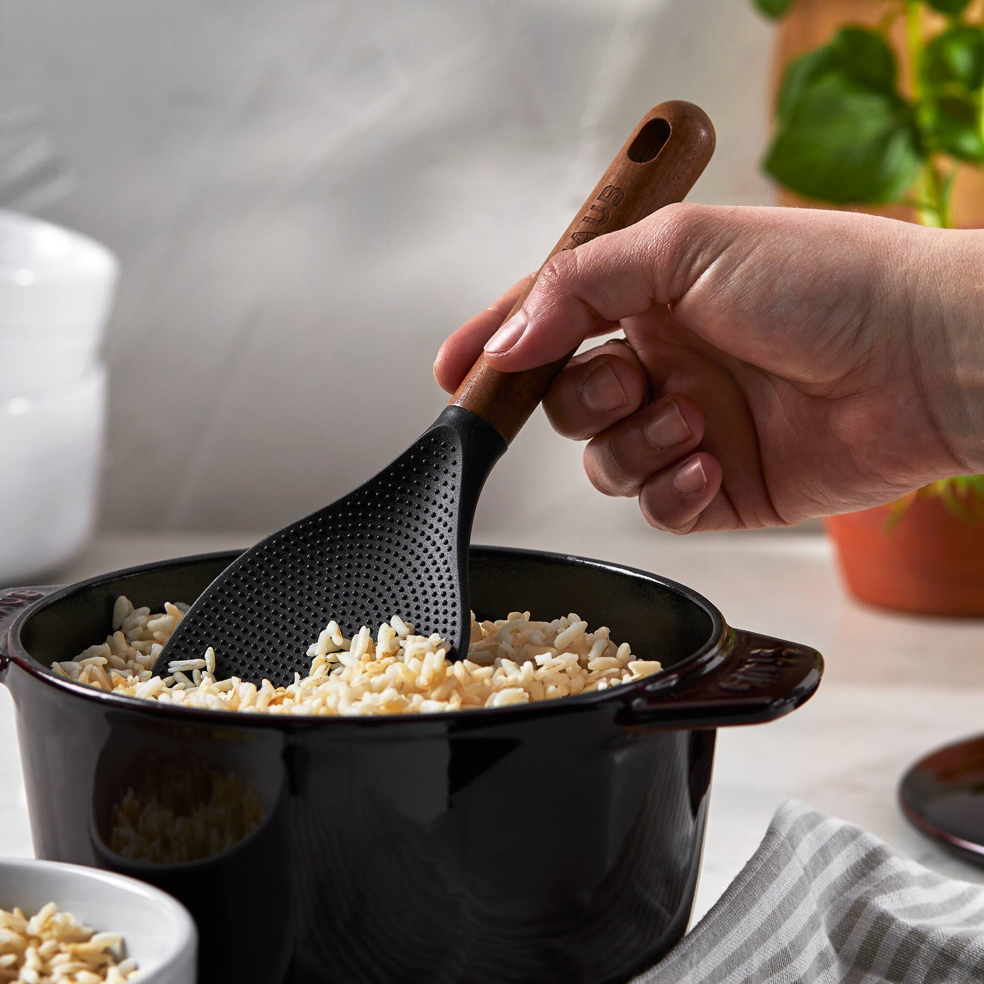 Staub Silicone with Wood Handle Cooking Utensil, Rice Spoon Matte Black ...