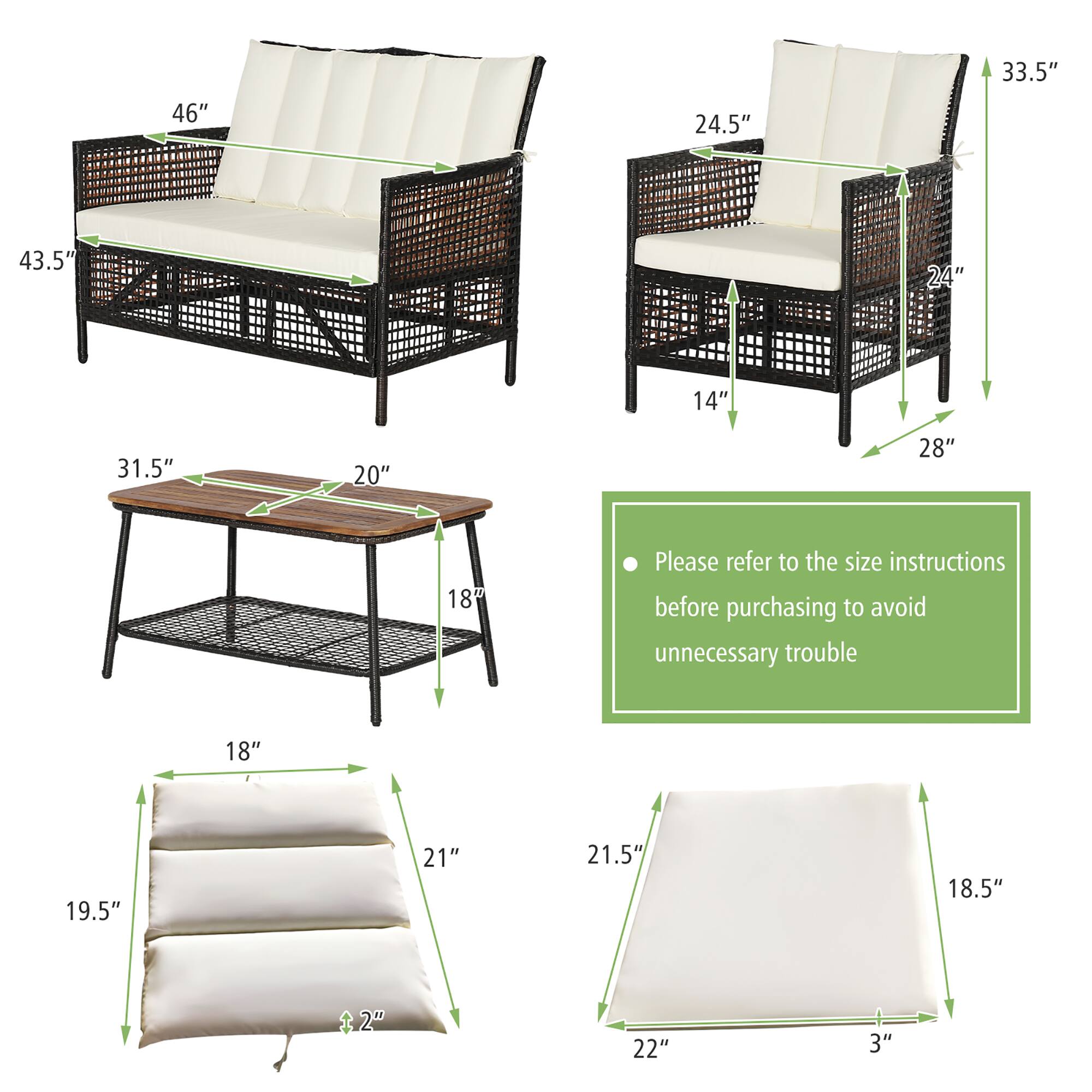 Costway Patiojoy 4PCS Patio Rattan Furniture Set Cushioned Chairs Wood ...