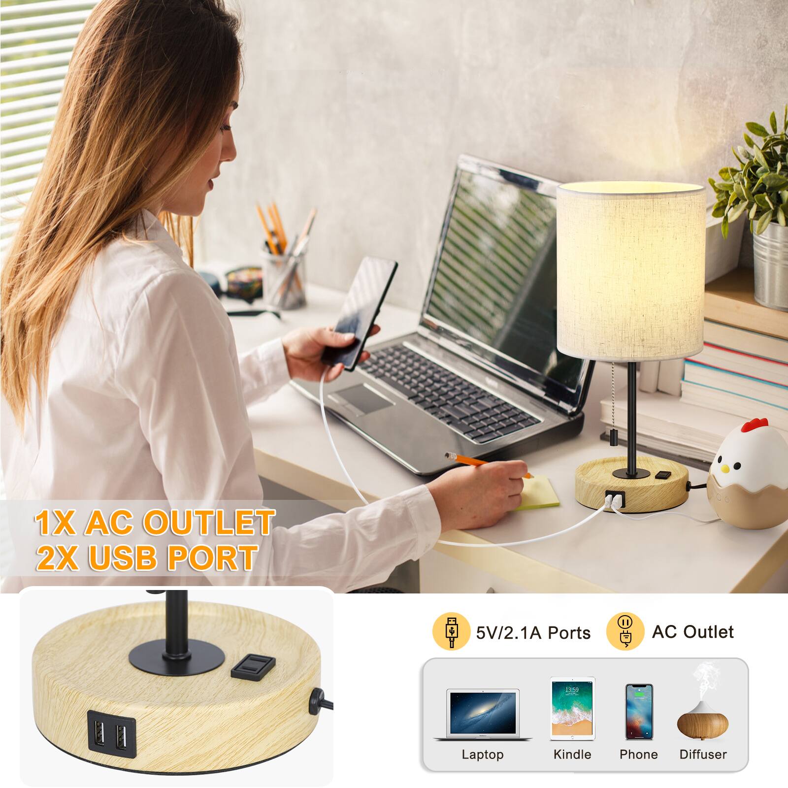 Oumilen Pull Chain Bedside Table Lamp with Wood Base & Dual USB Ports ...