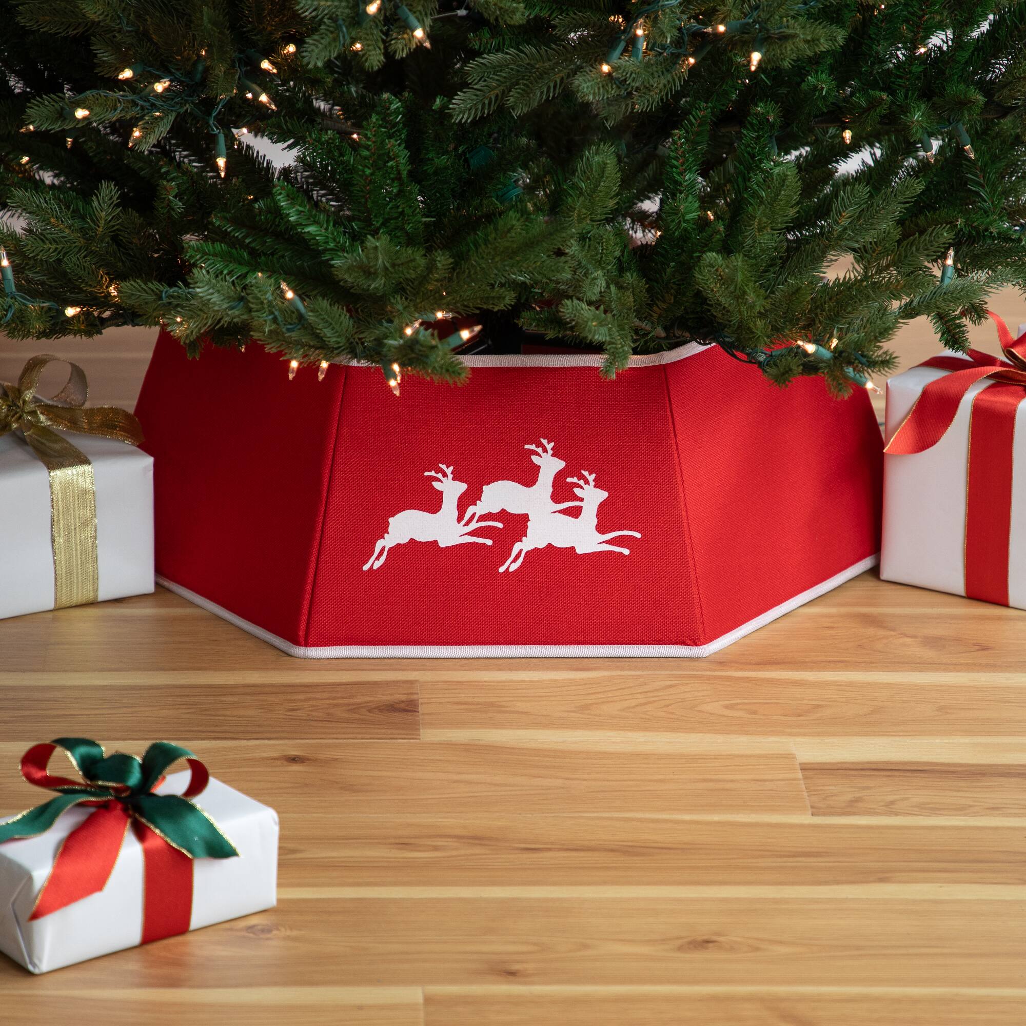 Northlight 26" Burlap with Reindeer Hexagonal Christmas Tree Collar Red ...