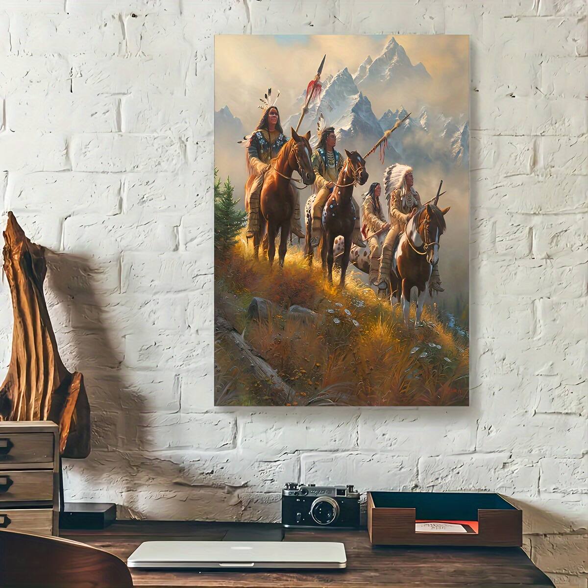 blue 1 piece canvas painting with wood frame, ready to hang, Native ...