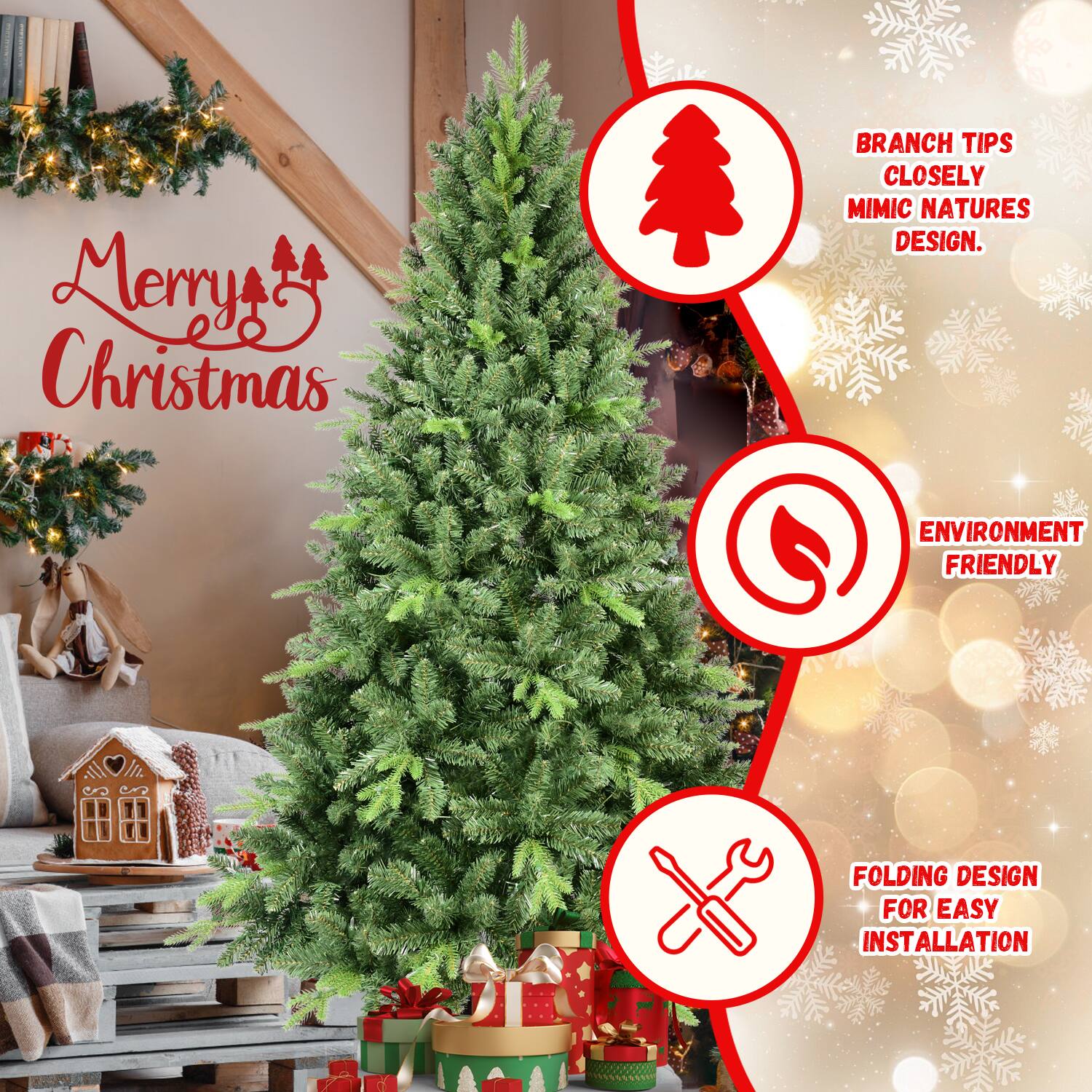 Ecooso 7ft Artificial Christmas Tree, Classic Hinged Design, 1875 Tips ...