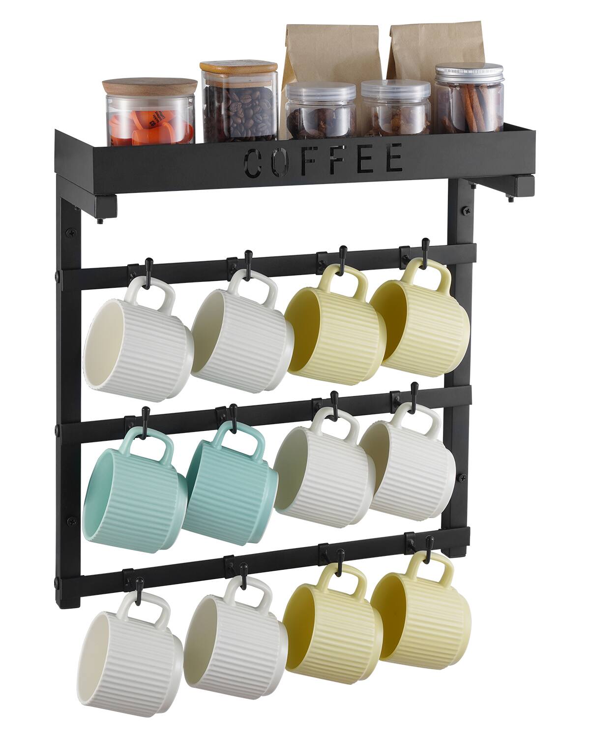 VEVOR Coffee Mug Holder Wall Mounted, 12 Movable Hooks Coffee Cup ...
