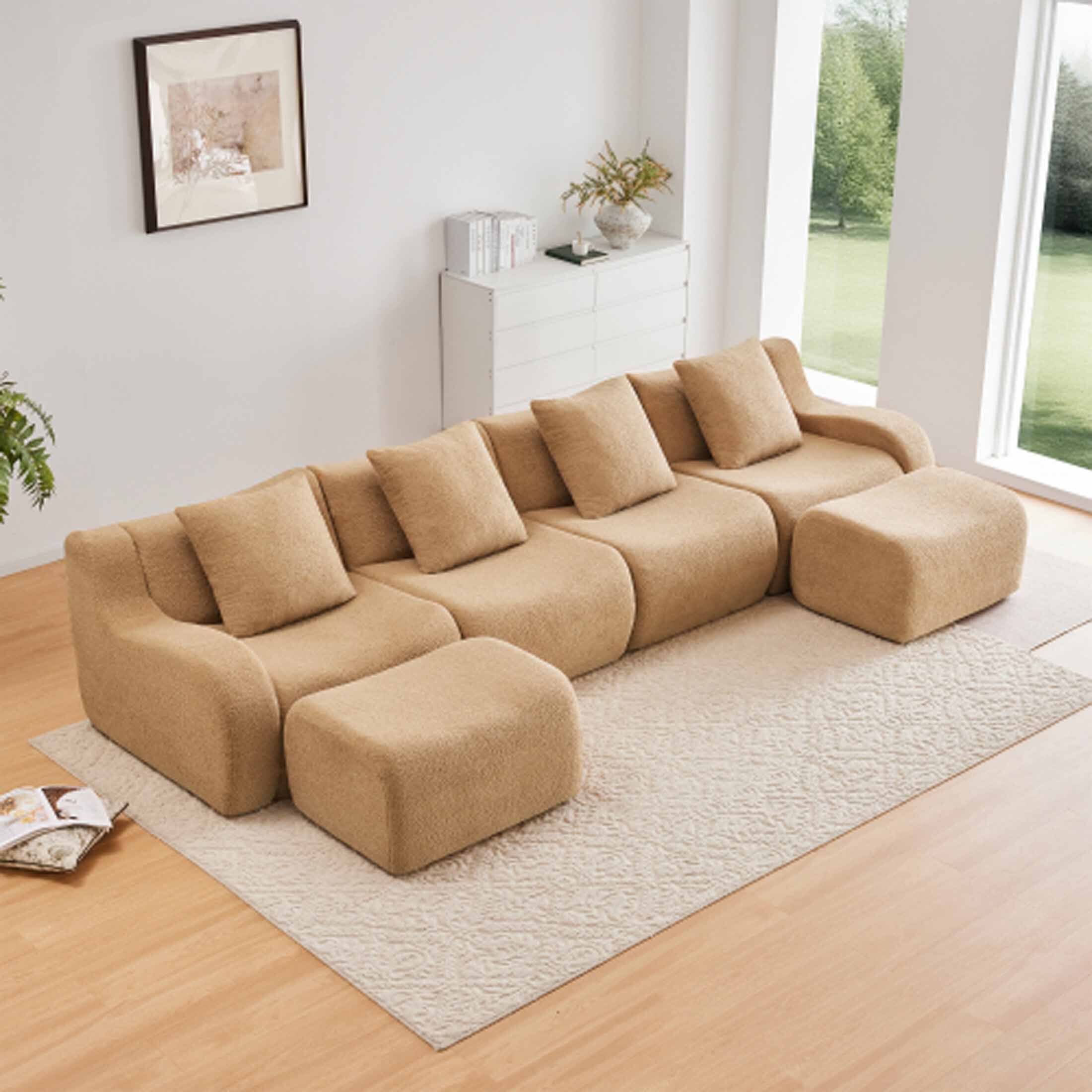 Aukfa Modular Teddy Fabric Sofa 4 Seat Sectional with 2 Ottomans, Soft ...