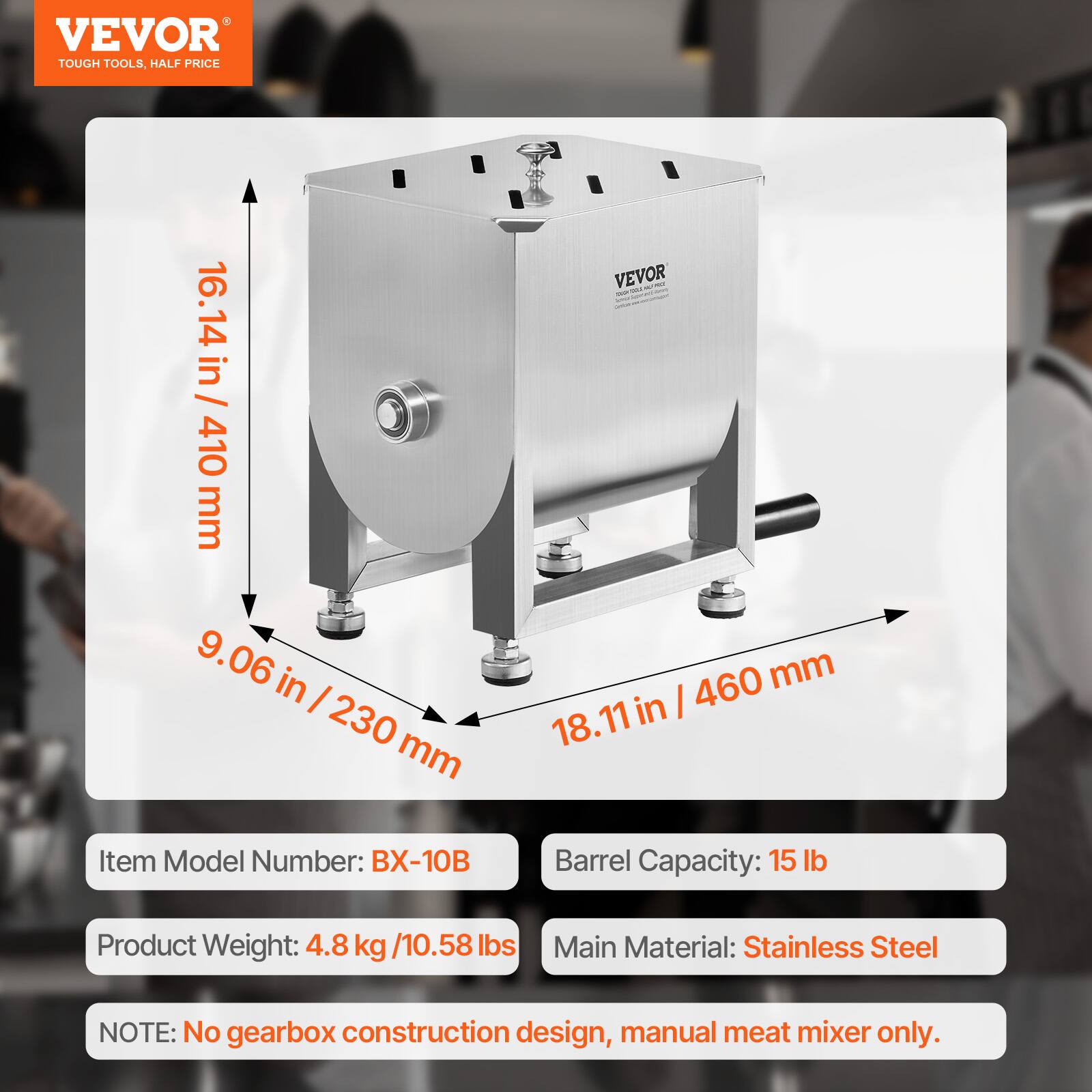 VEVOR Manual Meat Mixer, 15L Fixed Tank Meat Processing Equipment ...