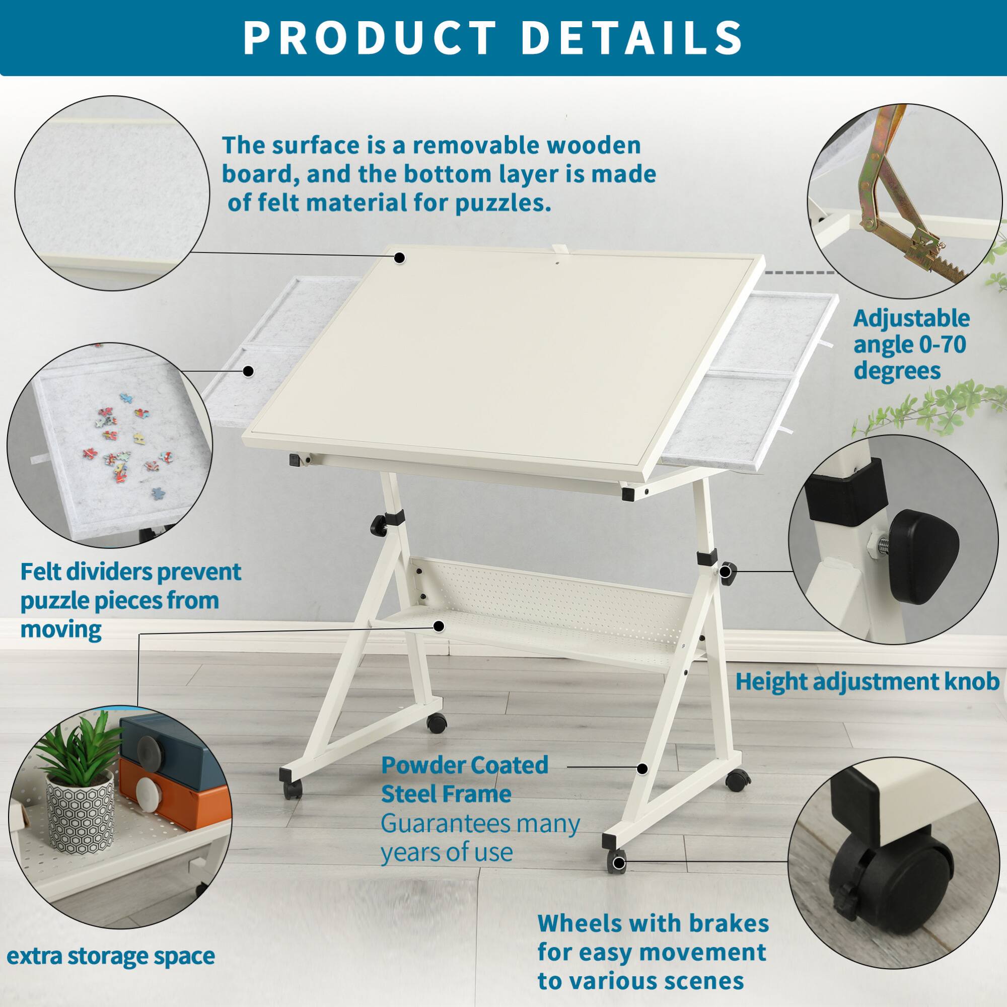 GOODSILO Adjustable Height Puzzle Table with Storage Trays and Rolling ...