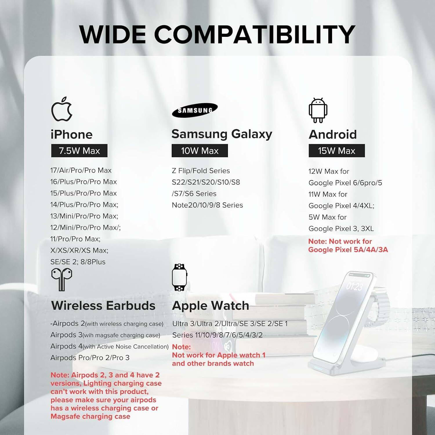 Luckbyte 3 in 1 Wireless Charging Station Stand for Phone, Earbuds and ...