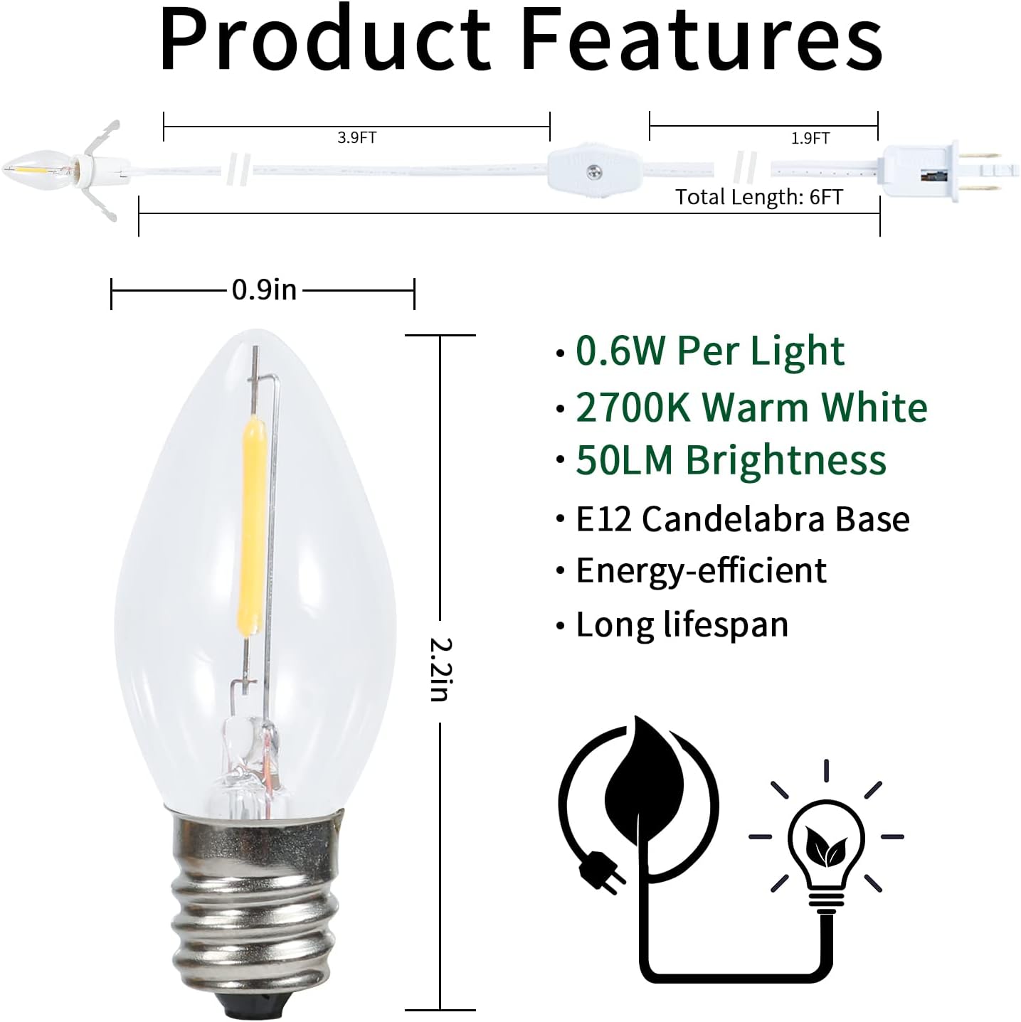 ACJPR 4 Pack C7 Accessory Light Cords, 6ft, Single LED, On/Off Switch ...