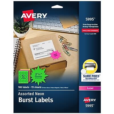 Avery Sure Feed Laser Burst Label, 2 1/4" Dia, Assorted Neon, 180 ...