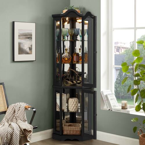 LUCKY ONE Freestanding Corner Curio Cabinet with Tempered Glass Shelves ...