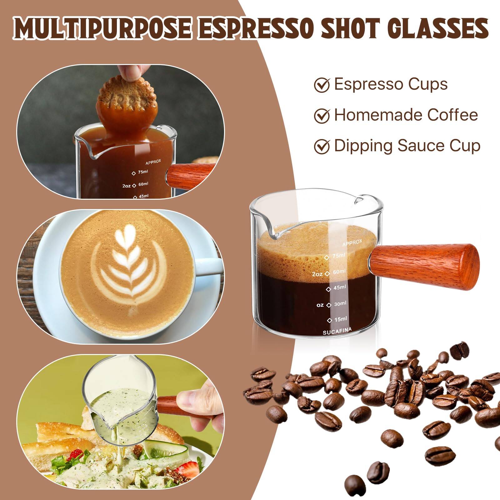 Dapper Styles Espresso Cups With Wood Handle Double Spouts Measuring ...