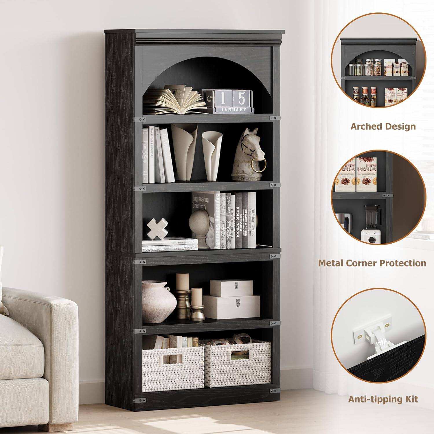 Acekool Arched Bookcase 5 Shelf Bookshelf 68.7 in Tall Bookcase ...