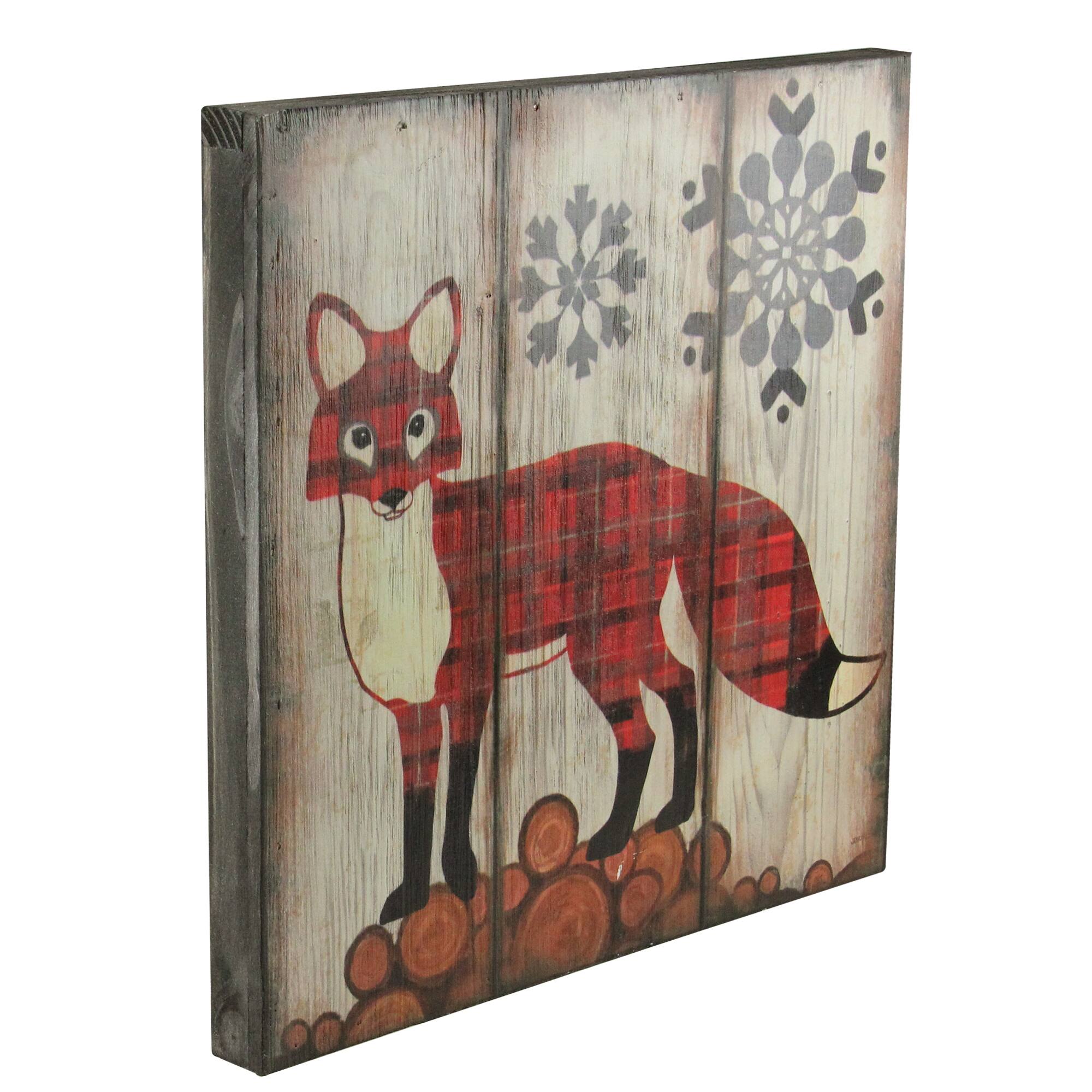 Raz 13.75" Alpine Chic Plaid Red Fox on Lumber with Snowflakes Wall Art ...