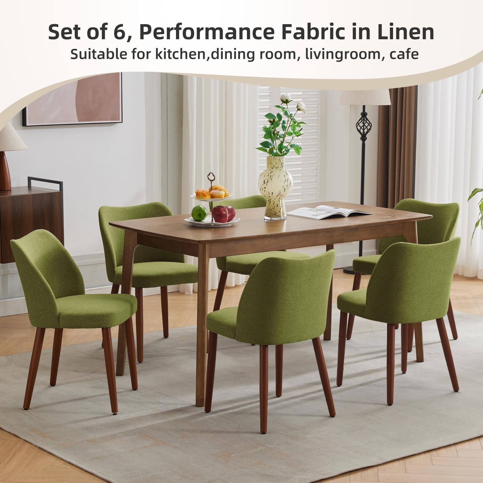 Jojoka Dining Chair Set of 6, Linen Upholstered Side Chair with Wood Legs, Wing Backrest Green ...