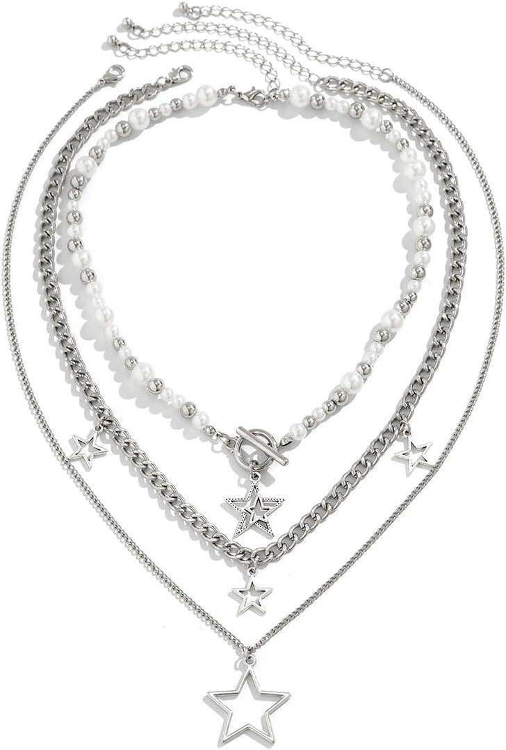 Live At Space Y2K Star Pendant Necklace Silver Layering Toggle Chain ...