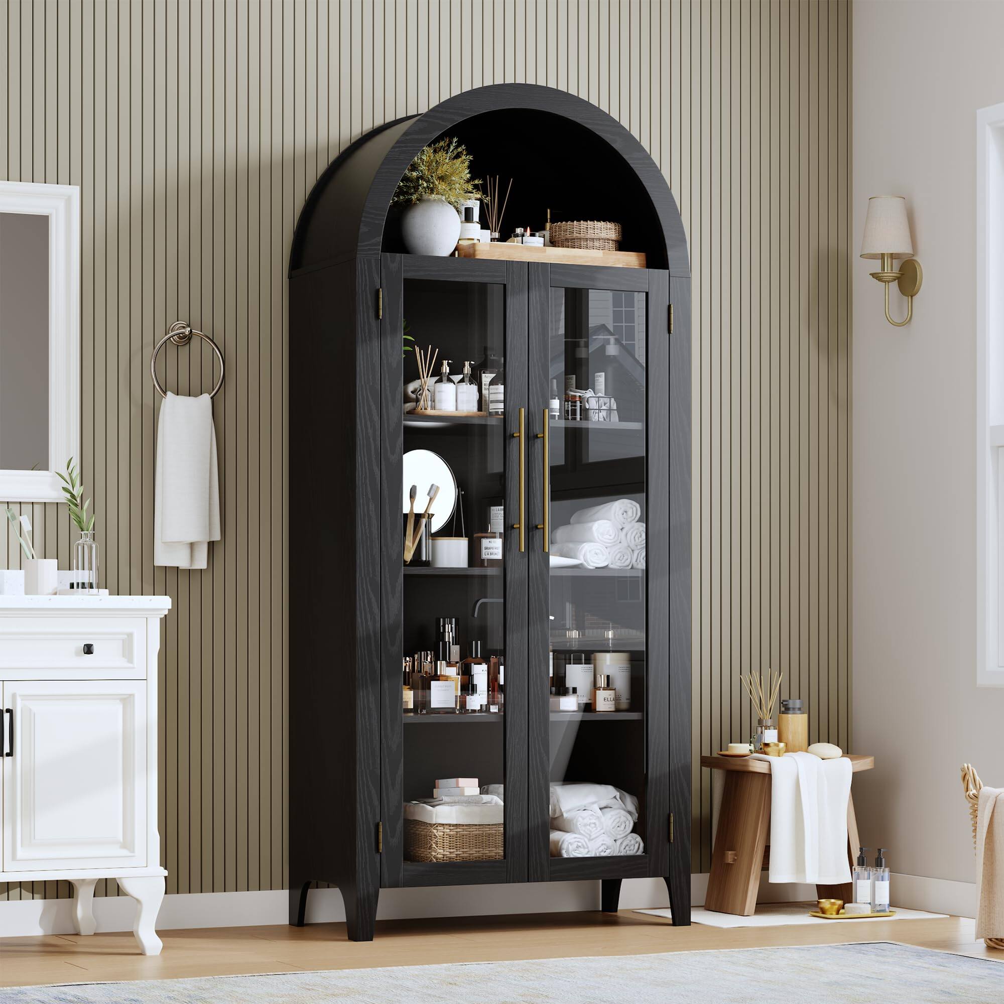 Jojoka Arched Kitchen Pantry Cabinet with Glass Doors, 5 Tier Storage ...